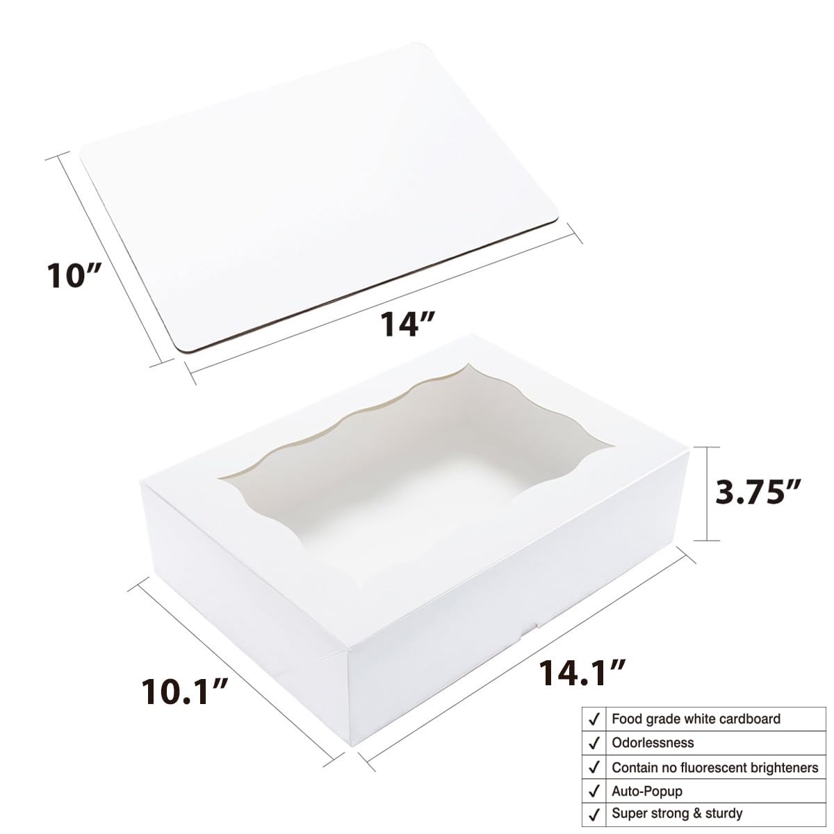 Huoshange 15 Pack 14x10x3.75 Inch Auto-Popup Large Rectangle Cake Boxes with Cake Boards, White Cake Boxes for Quarter Sheet Cake,Cupcakes, Brownie,Donuts&Pie