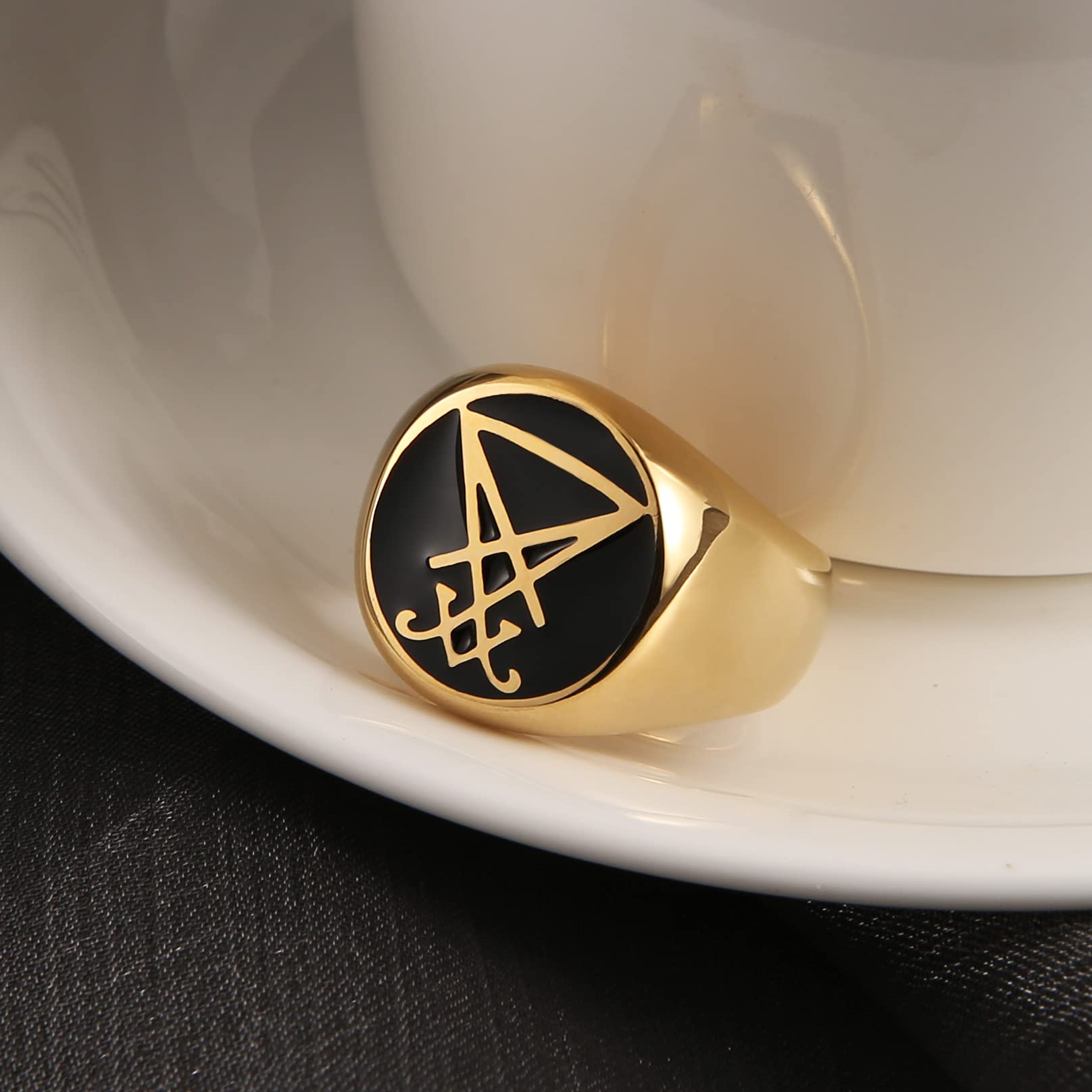 HZMAN Satan Lucifer Symbol Ring Gothic Stainless Steel Jewelry Mens Womens Size (Gold,10)
