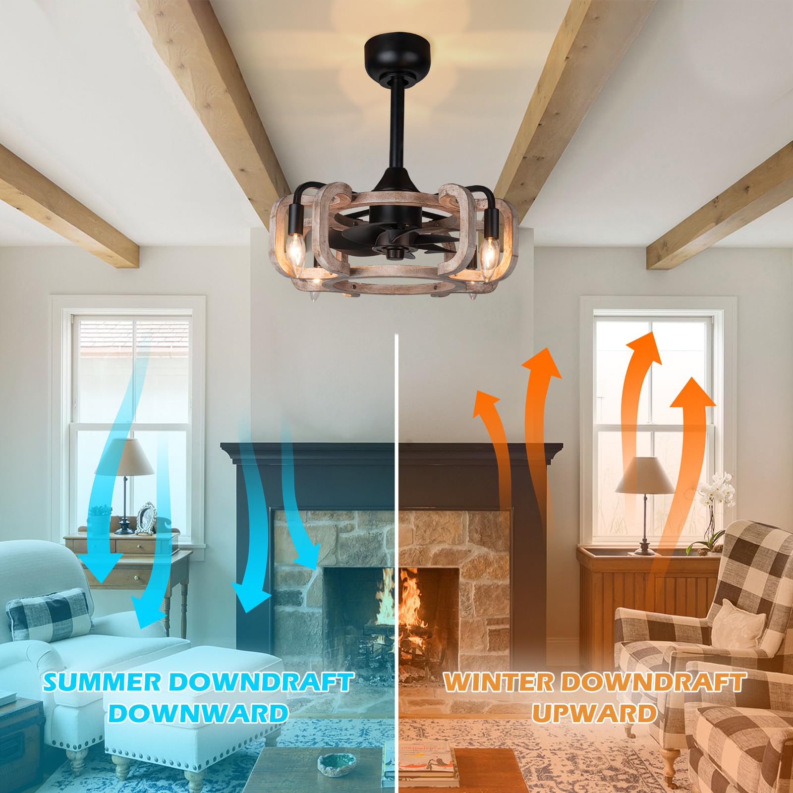 GQR Flush Mount Ceiling Fan with Light, Farmhouse Wood Ceiling Fan with Remote, Caged Fandelier Ceiling Fan Light, Low Profile Ceiling Fan for Bedroom Kitchen, Vintage Solid Redwood Grain