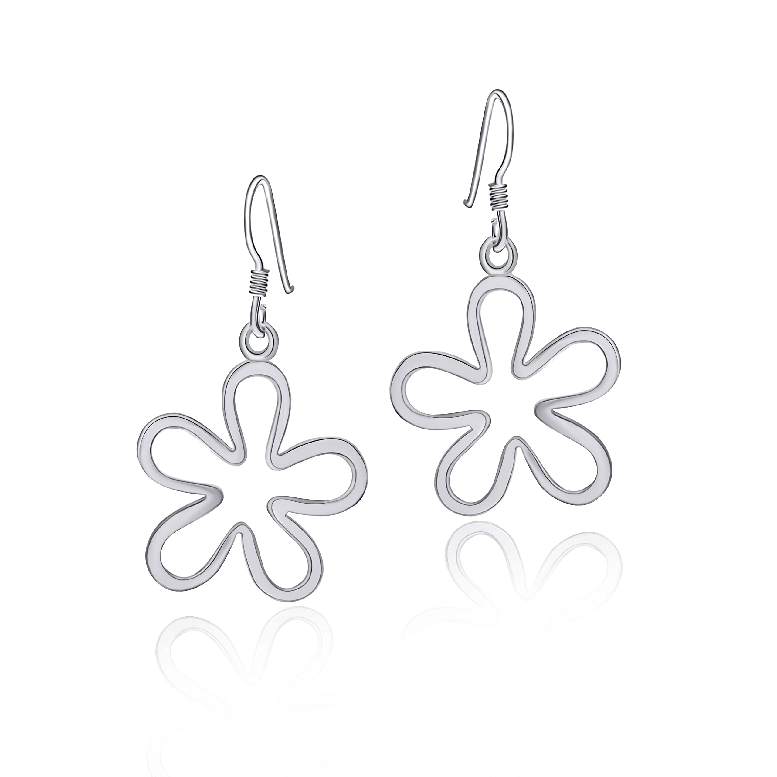 Hoops & Loops 925 Sterling Silver Groovy 60s 70s Mod Flower Power Floral Dangle Drop Hook Earrings for Women Teen Girls, Silver