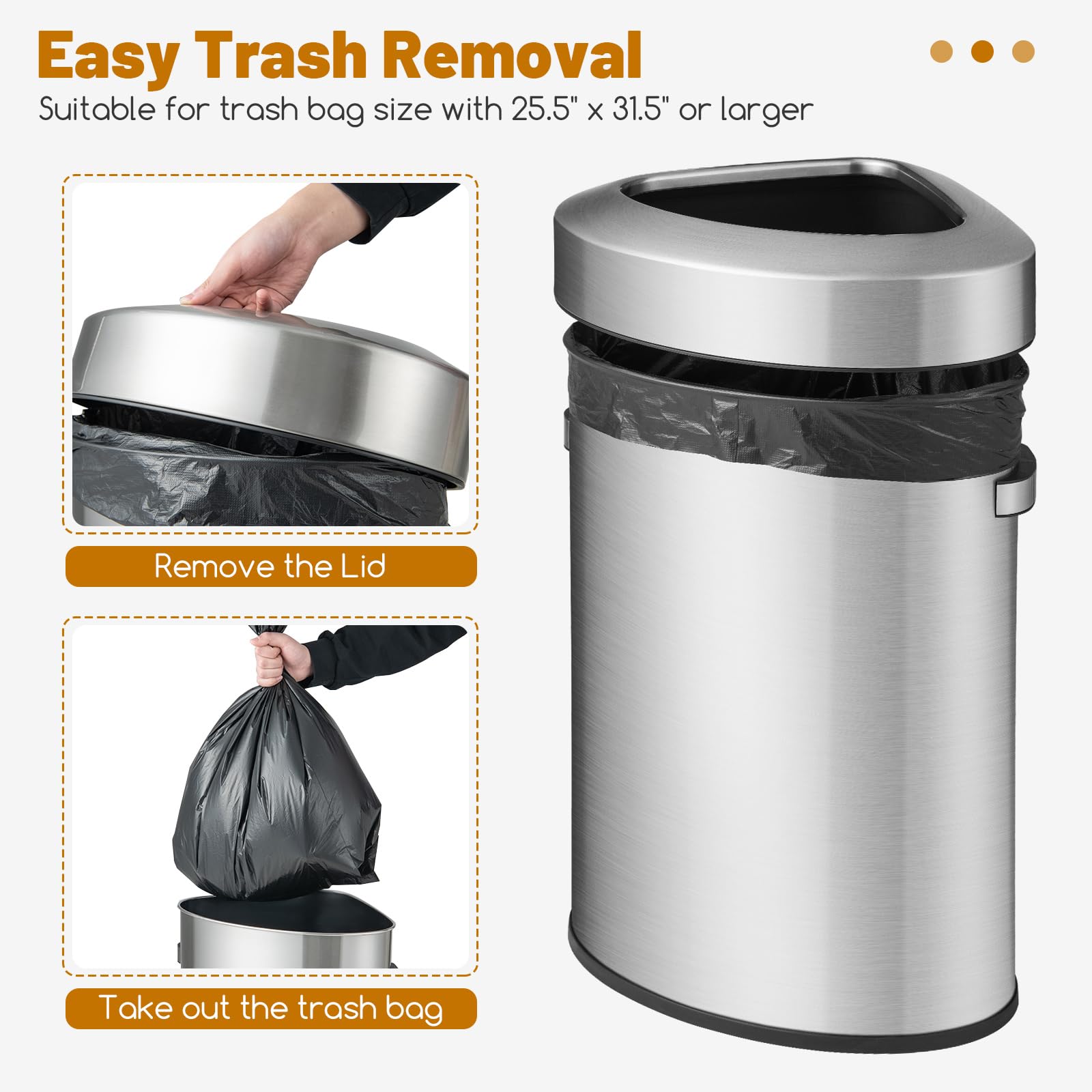 S AFSTAR Corner Trash Can 16 Gallon/60 L, Kitchen Garbage Can, Large Open Top Touchless Rubbish Can, Anti-Slip Bottom, Triangular Waste Bin, Stainless Steel Trash Bin for Bathroom Kitchen Bedroom