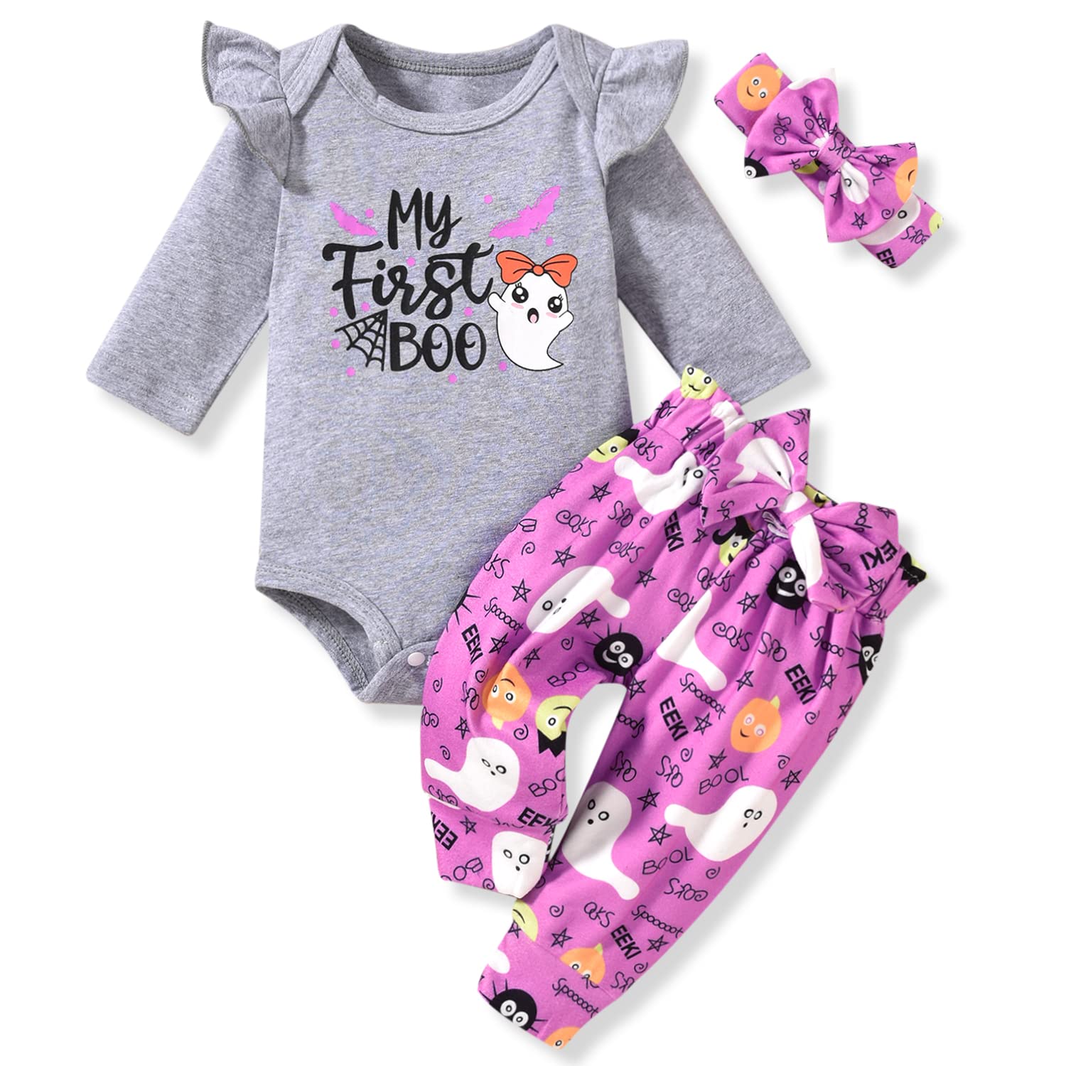 HINTINA Infant Baby Girl My First Boo Halloween Outfits Pumpkin Ghost Bodysuit Clothes Set 3-6 Months