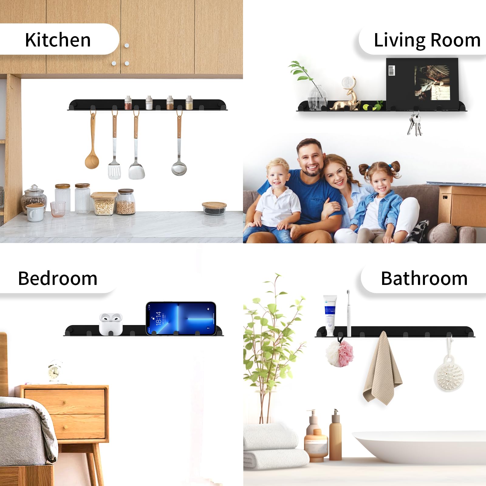 STAOVA 2Pcs Key Holder for Wall, 16 Hooks,Black Key Hangers for Wall Decor No Drill for Living Room, Office、Kitchen,Decorative Key and Mail Holder