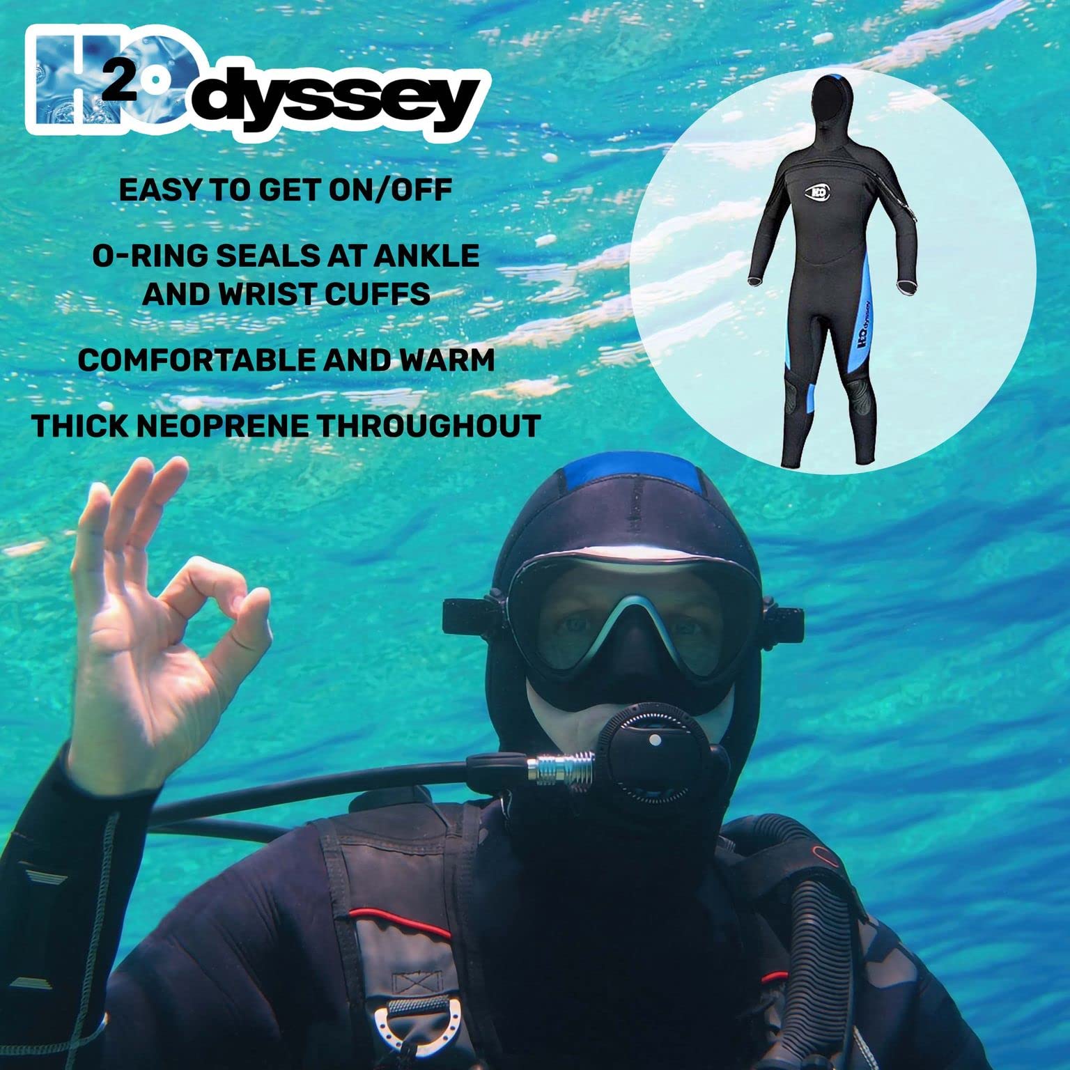 H2odyssey Coronado Mens Hooded Wet Suit - 7mm Neoprene Mens Suit for Scuba Diving - Front Zip Wetsuit for Men