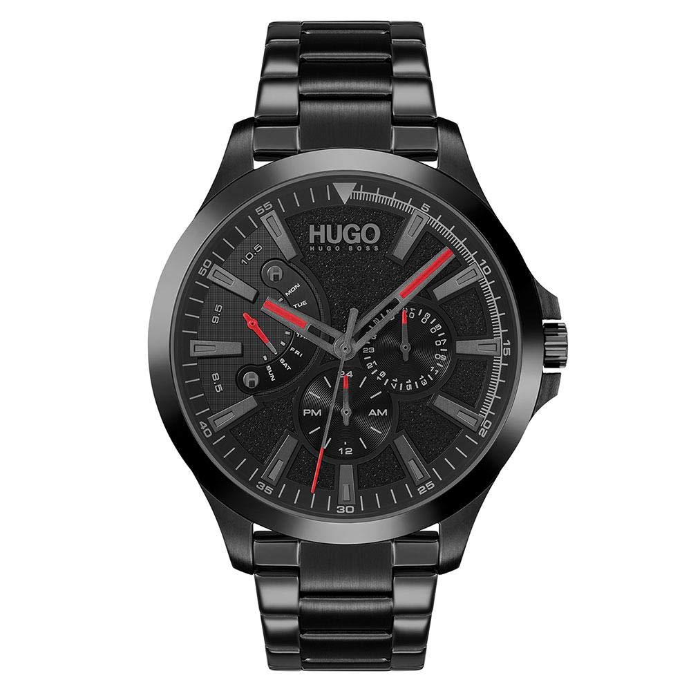 HUGO #LEAP Men's Multifunction Stainless Steel and Leather Strap Casual Watch, Color: Black (Model: 1530172)