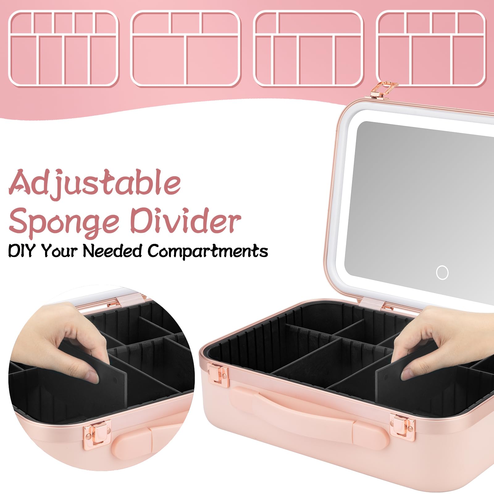 S&N Remille Travel Makeup Case with LED Light Mirror, Portable Waterproof Makeup Bag with 3 Adjustable Color Brightness Professional Cosmetic Train Case Organizer with Adjustable Dividers