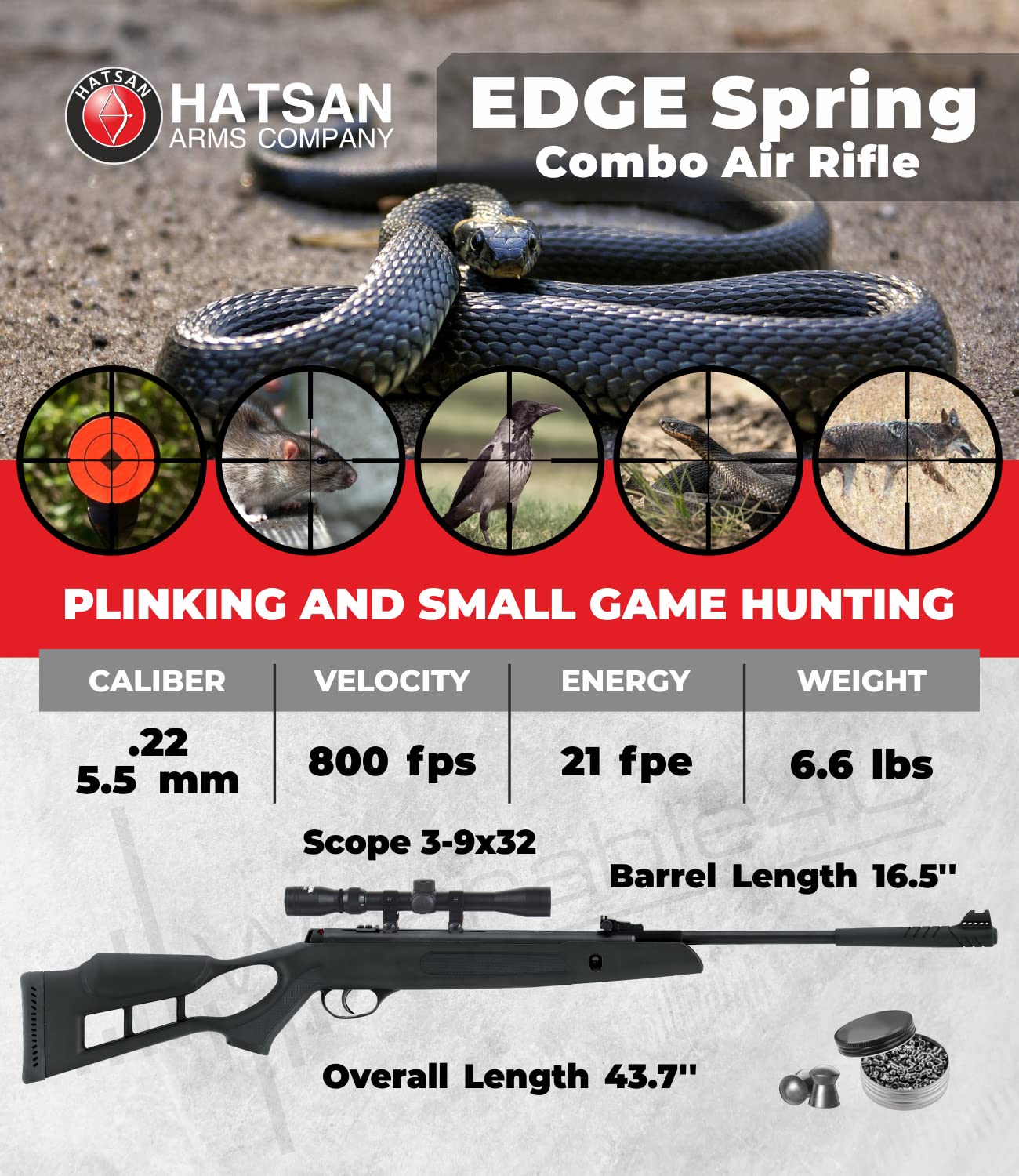 Hatsan Edge .22 Cal 1000 FPS / 21 FPE - Brake Barrel Air Rifle .22 Caliber w/ 3-9X32 Scope, QuietEnergy (QE) & Spring Piston | Small & Medium Game air Gun + Wearable4U 250x Pellets Bundle