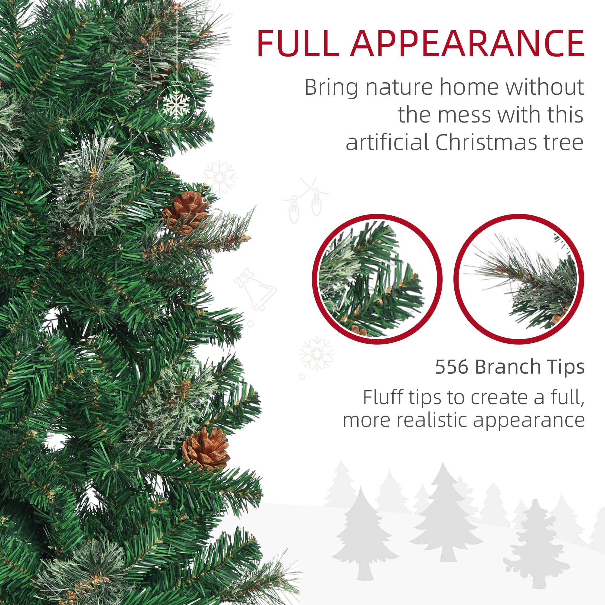 HOMCOM 6.5 Foot Pencil Artificial Christmas Tree, Slim Pine Needles Xmas Tree with Realistic Branches, Pine Cones, Metal Base, Green