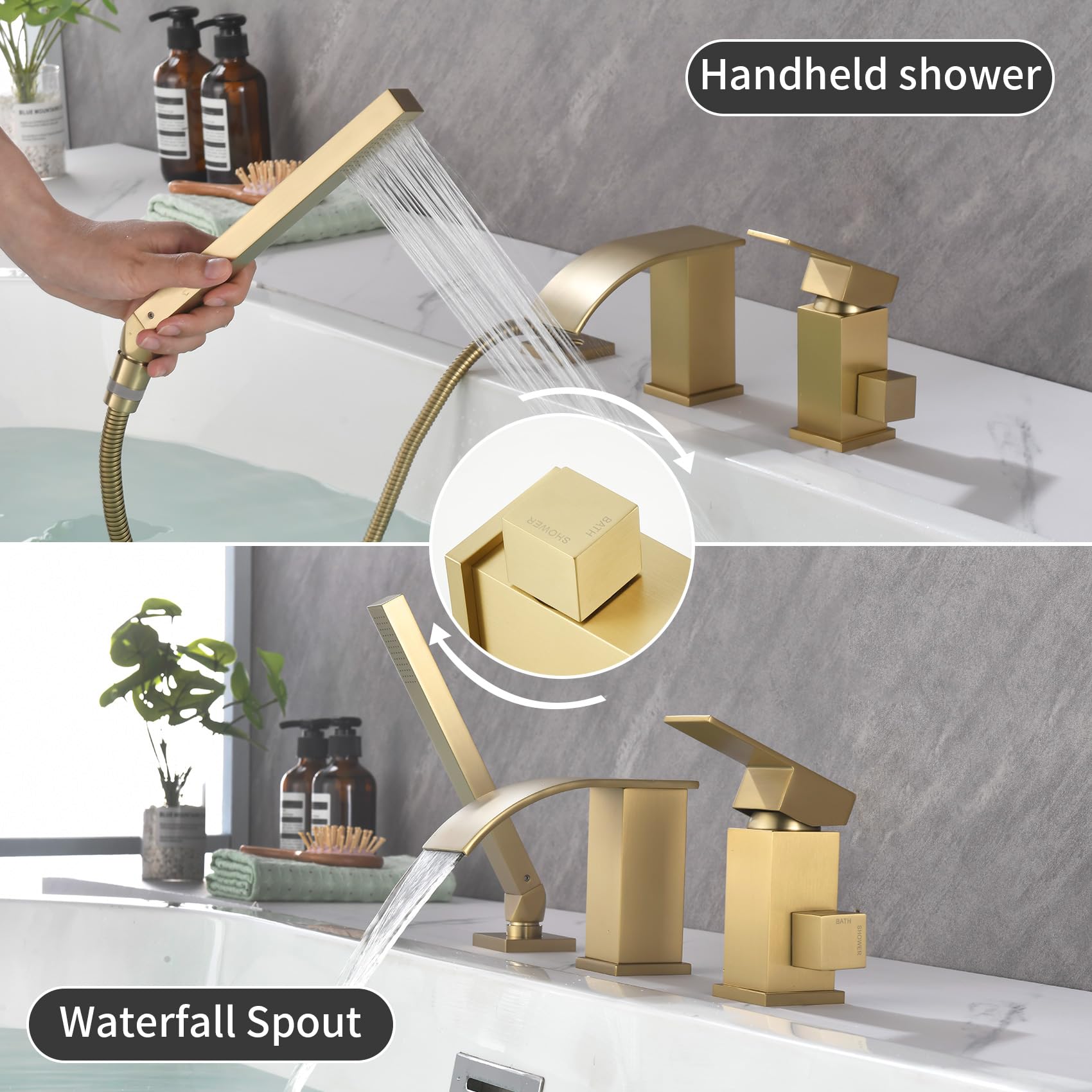 TapLong Waterfall Roman Tub Faucet with Hand Shower, Deck Mount 3 Hole Bathtub Faucet Set High Flow Bath Tub Faucet Set Deck Mount Solid Brass, Brushed Gold,03766BG