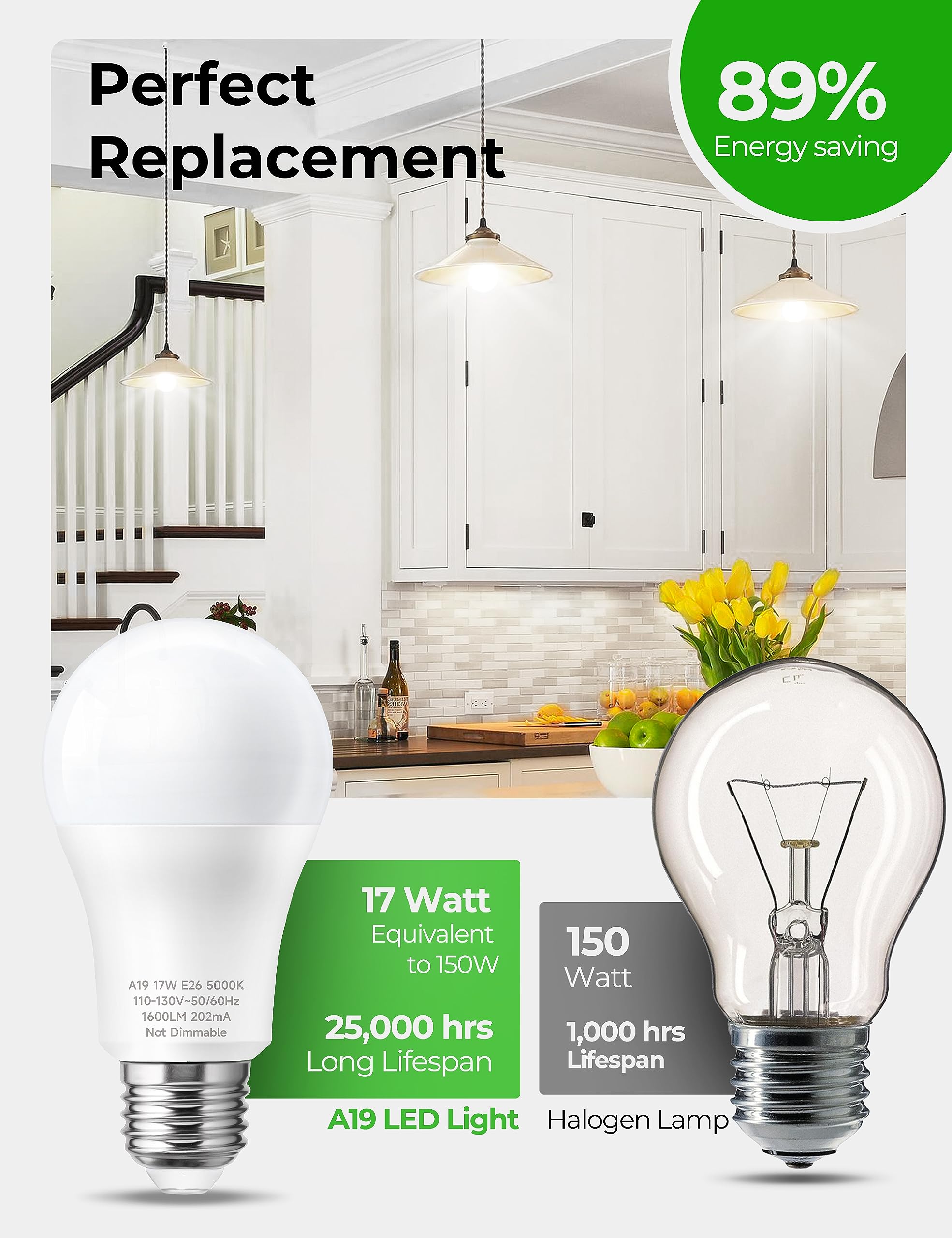 UNILAMP A19 LED Bulb 150 Watt Equivalent, 17W 1600LM Daylight White 5000K Light Bulbs, E26 Energy Efficient Standard Light Bulbs for Garage, Home, Office, Not-Dimmable, 4 Pack