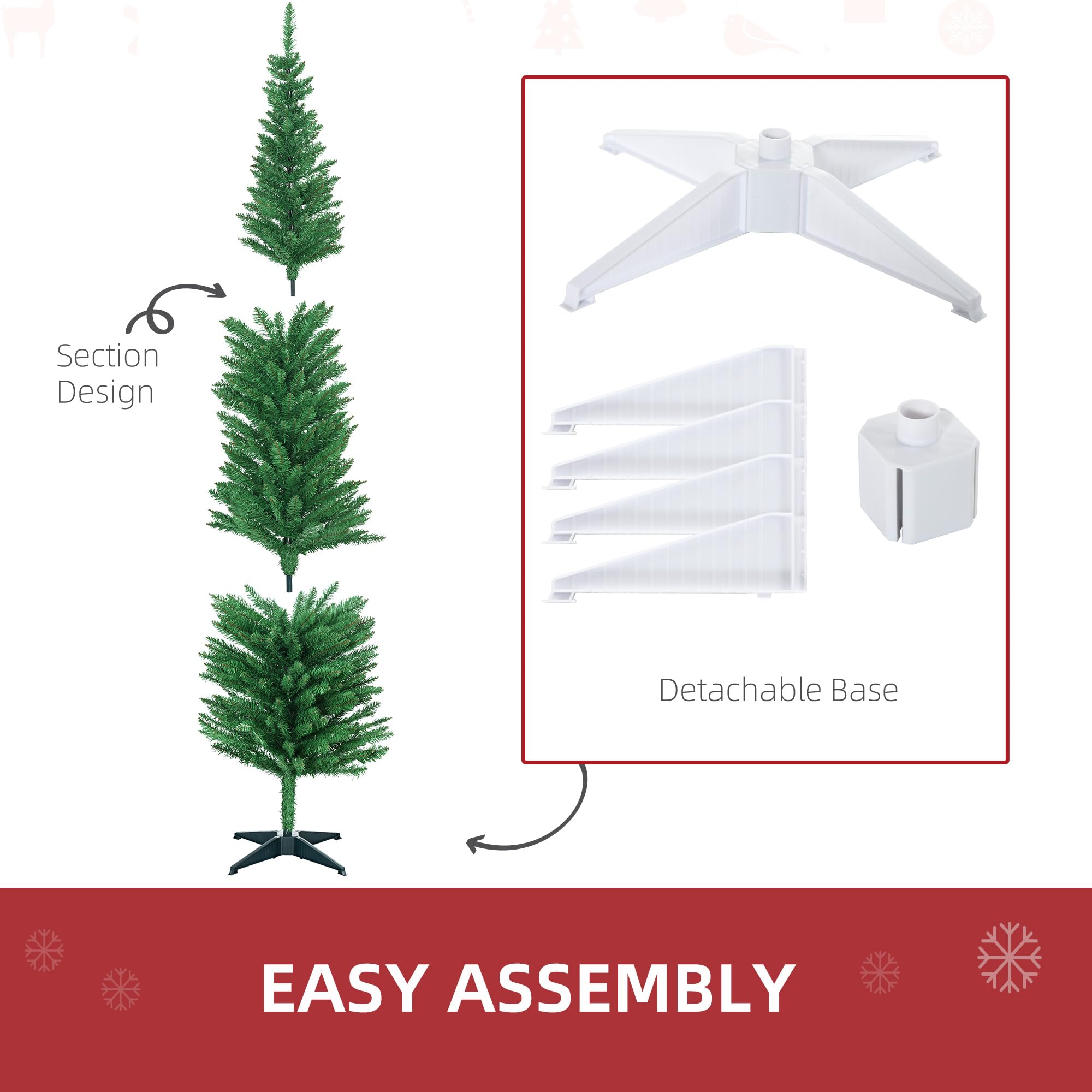 HOMCOM 7' Artificial Pencil Christmas Tree, Slim Xmas Tree with 499 Realistic Branch Tips and Plastic Stand, Light Green