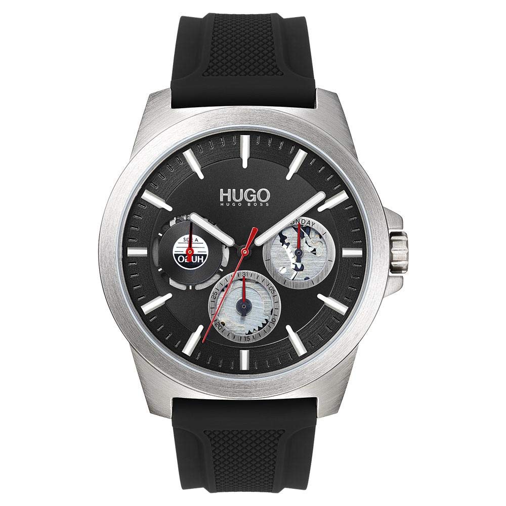 HUGO #Twist Men's Quartz Multifunction Stainless Steel and Silicone Strap Watch, Color: Black (Model: 1530129)