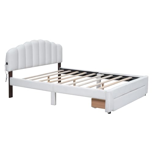 HBRR Queen Size Bed Frame with Drawer, Upholstered Smart Platform Bed with 2-Drawers Nightstand and USB Ports, Strong Wood Slats Support, No Box Spring Needed, Teddy Fleece, White