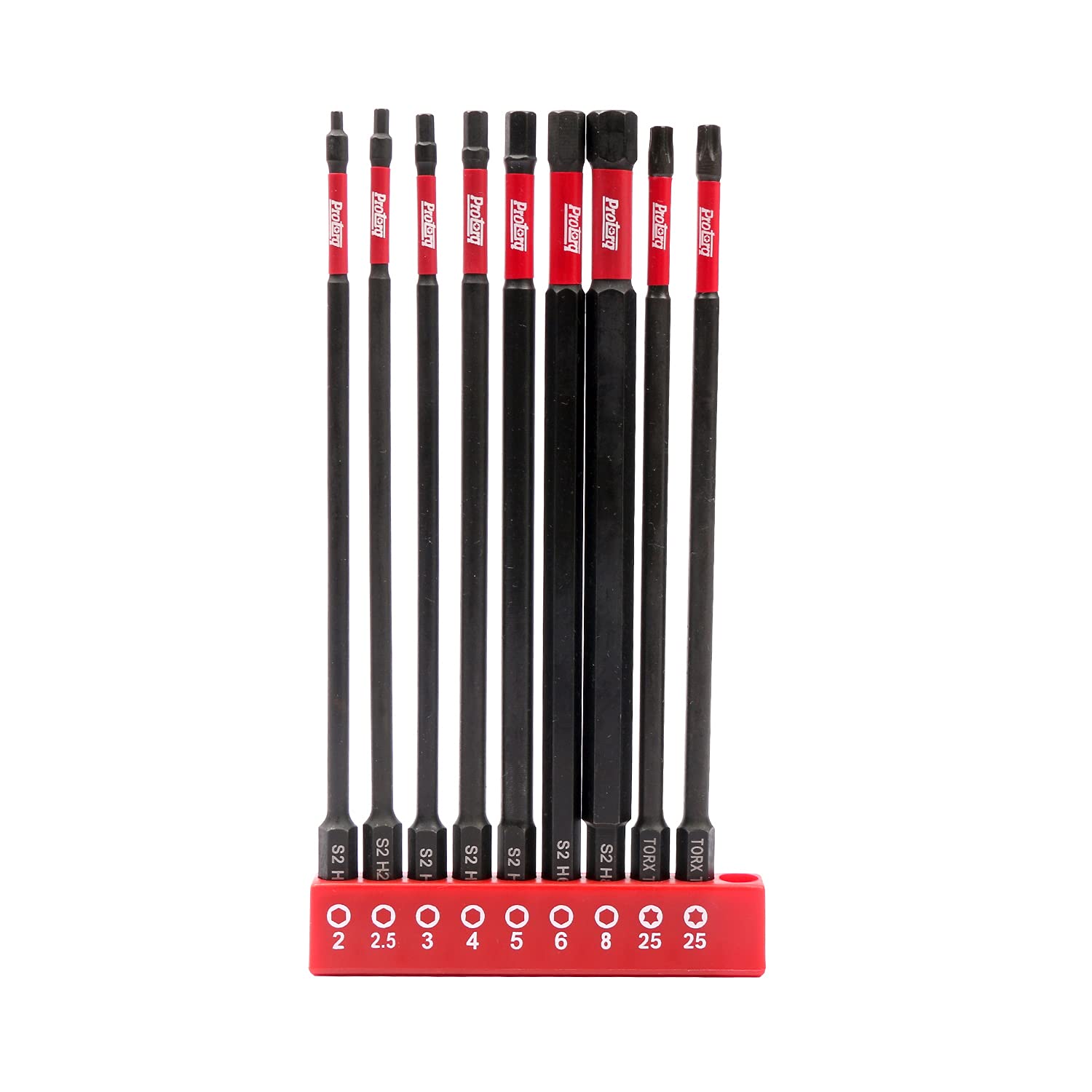 Protorq Long Impact Bit Set, Hex H2-H8,TORX T25, 6-Inch Length, 9-Piece,Industrial Strength, 1/4" Hex Shank, widely used in motorcycle, bike maintance.