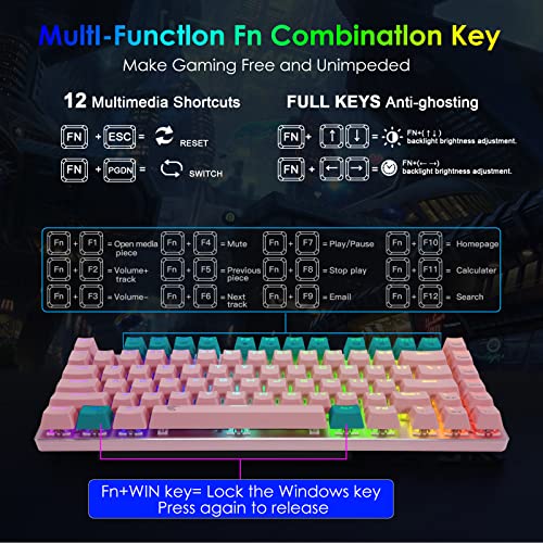 HUO JI E-Yooso Z-88 RGB Mechanical Gaming Keyboard, Blue Switches, 60% Compact 81 Keys for Mac, PC, Cute Pink