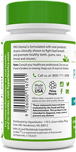 Hyperbiotics Pro Dental Probiotic with BLIS K12 and M18 | Premium Vegan Oral Probiotic for Teeth and Gums | Bad Breath Treatment for Adults | Sugar Free | Mint Chewable Tablet | 45 Count