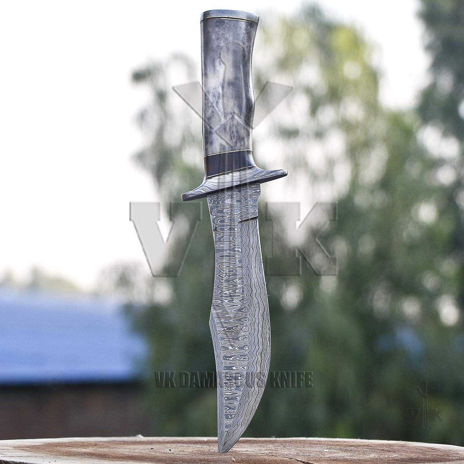 JNR Traders Damascus Steel Fixed Blade Bowie Knife with Leather Sheath - 2356