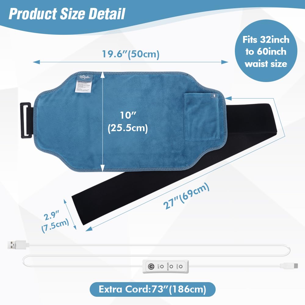 Hilph USB Heating Pad for Low Back and Stomach Pain Relief, Portable 5V 2A Car Travel Back Lumbar Heating Pad with Straps, Warm Therapy for Cramps, Sciatica Pain, Waist (Not Chargeable)