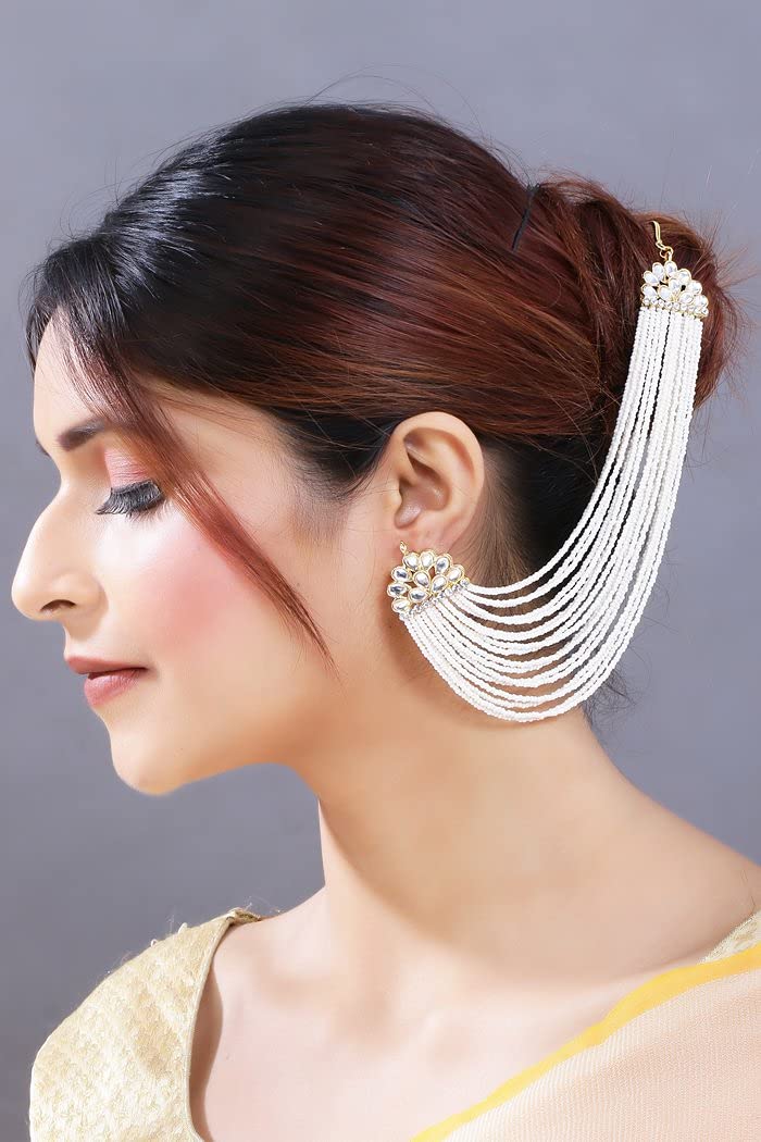I Jewels Gold Plated Indian Wedding Bollywood Multi Strand Ear Chain With Pearl For Women (E2882W)