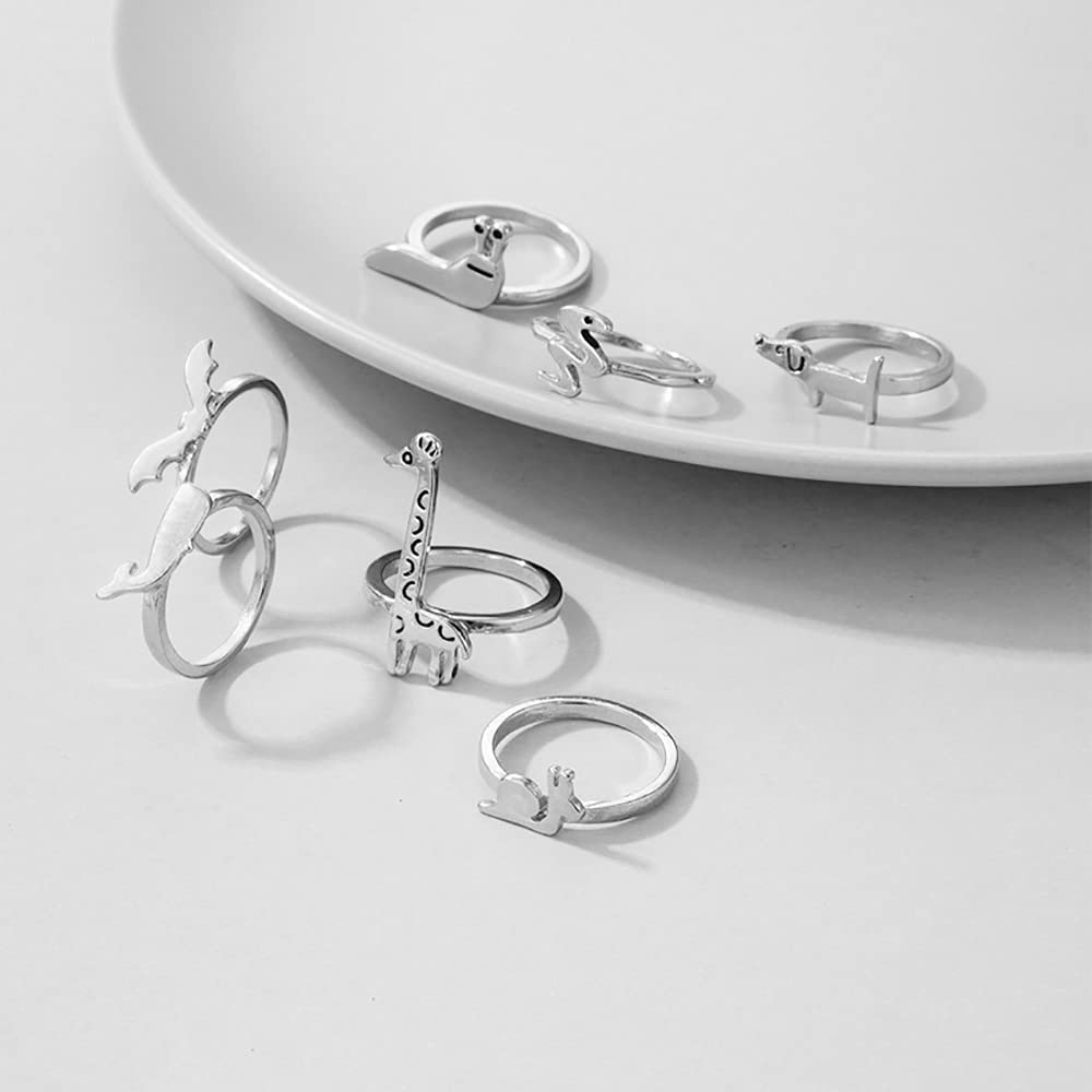 HUJUON 7Pcs Cute Animal Knuckle Rings Set,Silver Snake Snails Finger Ring,Bat Giraffe Multiple Rings,Pet Dog Stackable Midi Joint Rings for Women Girls (Silver 7Pcs)
