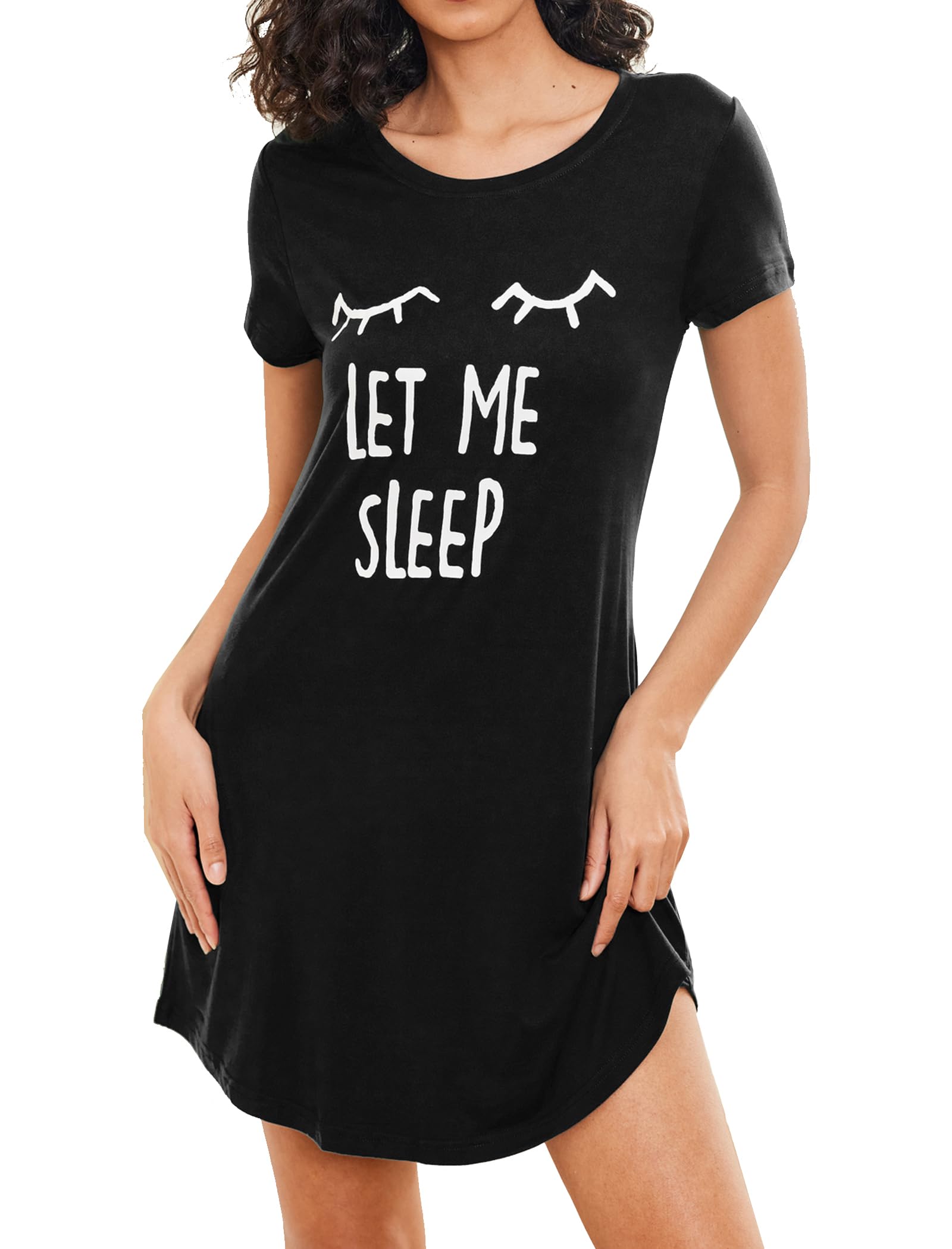 HOTOUCH Womens Night Sleepwear Short Sleeve Lightweight Knee Length Loose Fit Nightgown_Nightshirt A-Black, Large