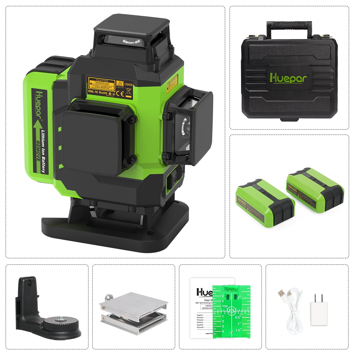 Huepar Multi-Line Laser Level-Four Vertical and One 360° Horizontal Lines with Plumb Dot, Green Cross Line Self-leveling Laser Tool -Rotating Base, Lifting Base, 2 Li-ion Battery&Hard Carry Case LS41G