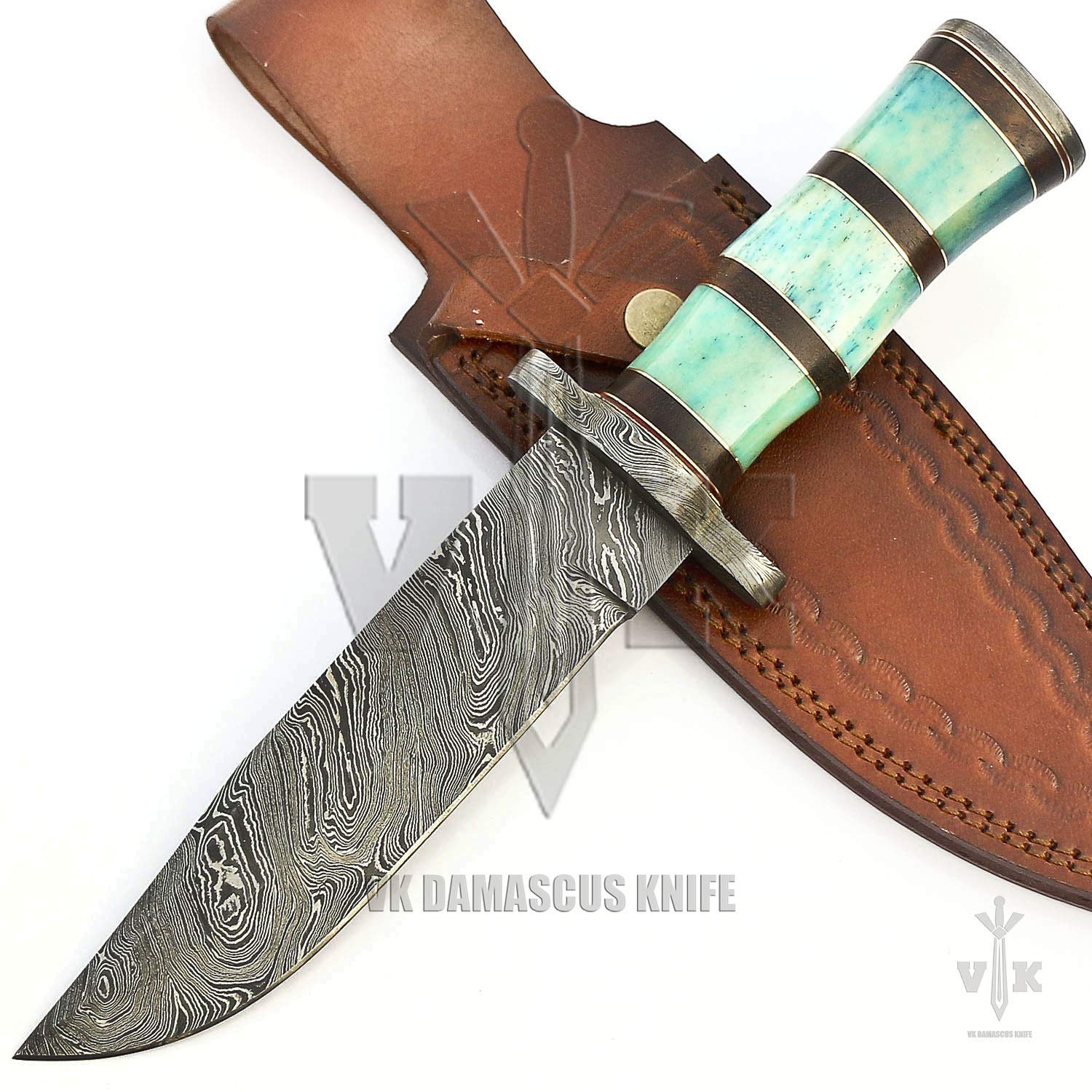 JNR Traders Damascus Steel Fixed Blade Hunting Knife with Leather Sheath - 2372