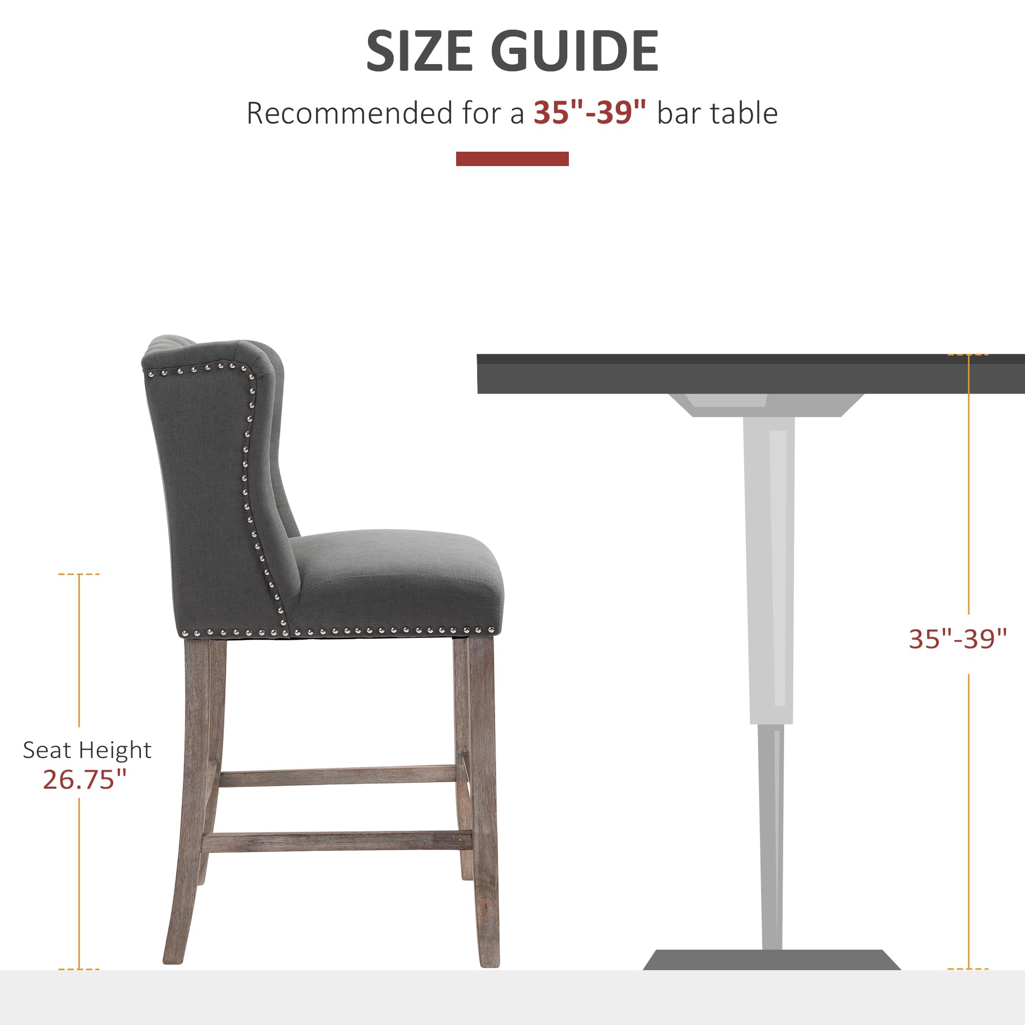 HOMCOM Counter Height Bar Stools Set of 2, Upholstered 26.75" Seat Height Barstools, Breakfast Chairs with Nailhead-Trim & Tufted Back, Wood Legs, Deep Grey