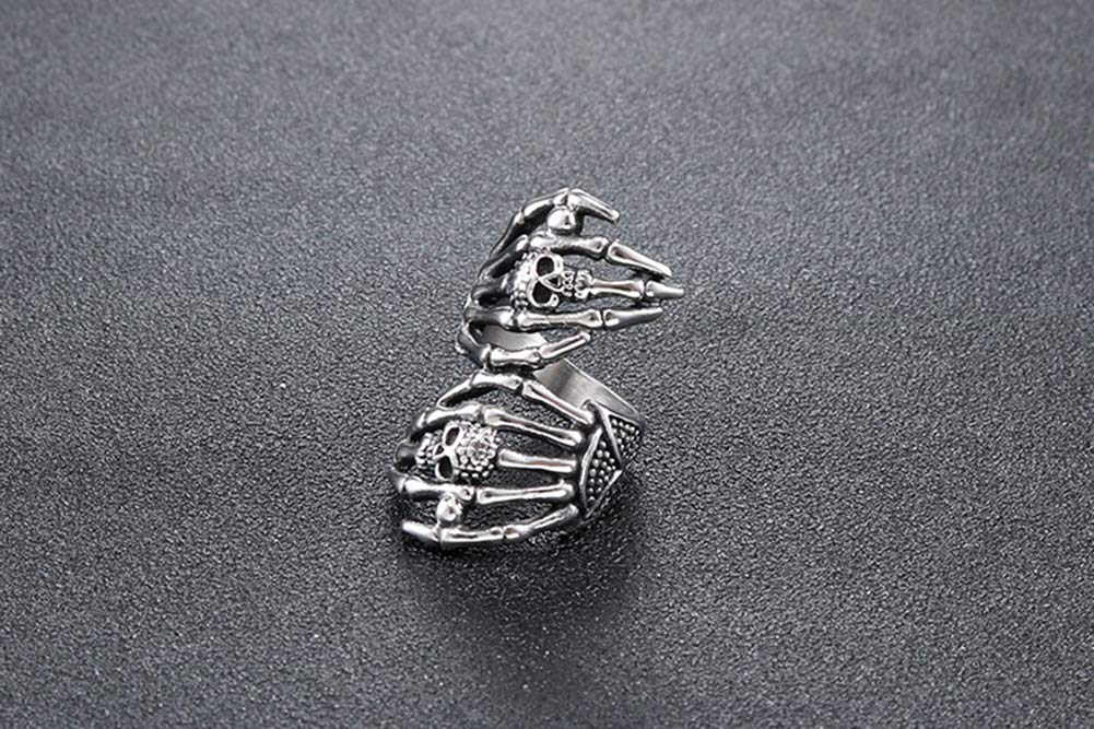 HIJONES Unisex Stainless Steel Gothic Punk Double Skull Skeleton Claws Ring Silver Size 8