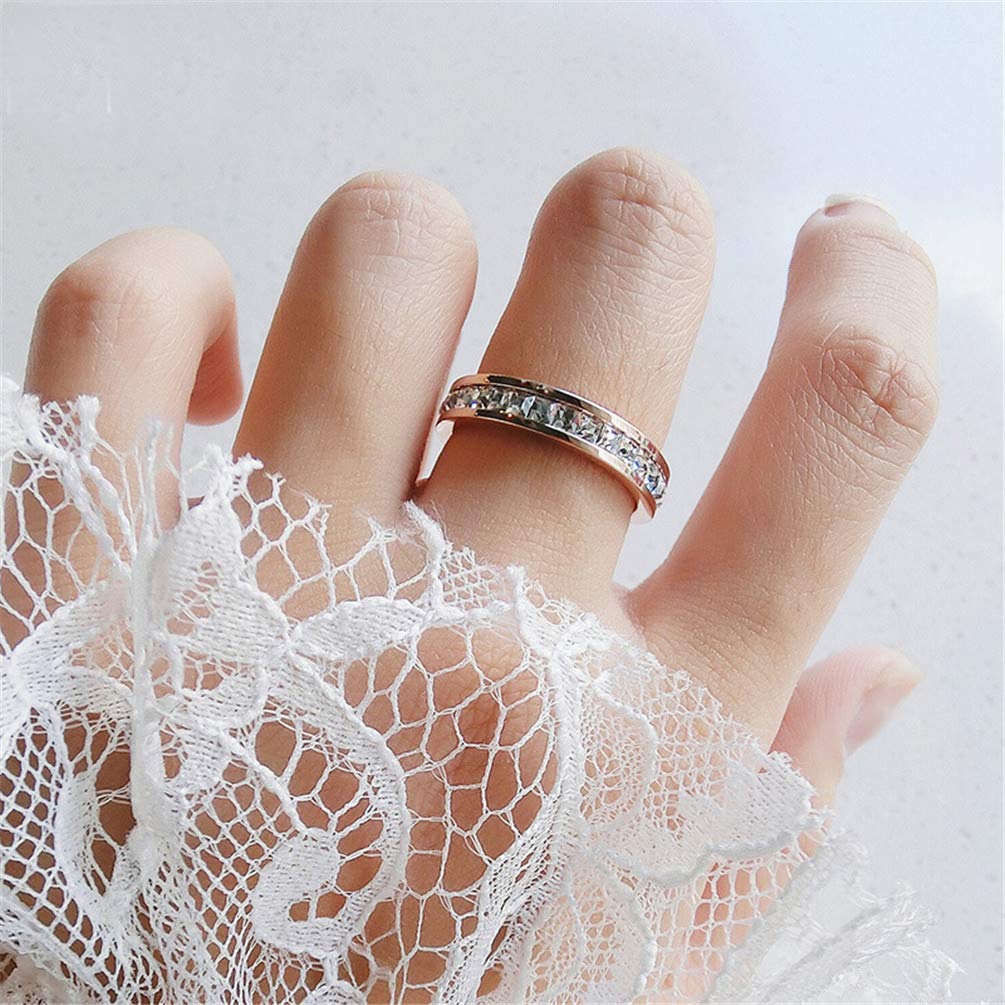 HIJONES Unisex Stainless Steel 4MM Full Eternity Tiny Square Single Row Cubic Zirconia CZ Ring Fashion Wedding Engagement Bands Rose Gold Size 8