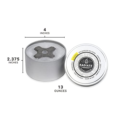 Radiate - 4 Pack Outdoor Portable Campfire - 3 Hours of Warmth and Burn Time - 4” Reusable Fire Pit for Camping, Smores, Cooking, and Picnics - Recycled Soy Wax