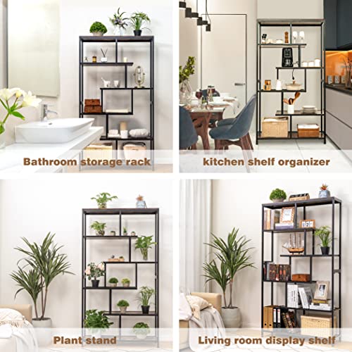 Tektalk Bookshelf,Rustic 6 Open Shelves Bookcase, Standing Book Shelf Display Bookshelves Storage Organizer Rack for Bedroom Living Room Home Office - Brown