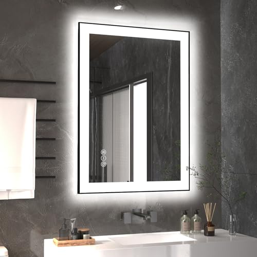 Hpeytaire LED Bathroom Mirror, 20"x28" Black Aluminum Framed Vanity Mirror with Front and Backlit, Stepless Dimmable Lighted Mirror with Anti-Fog, 3 Colors Wall Smart Mirror (Horizontal/Vertical)