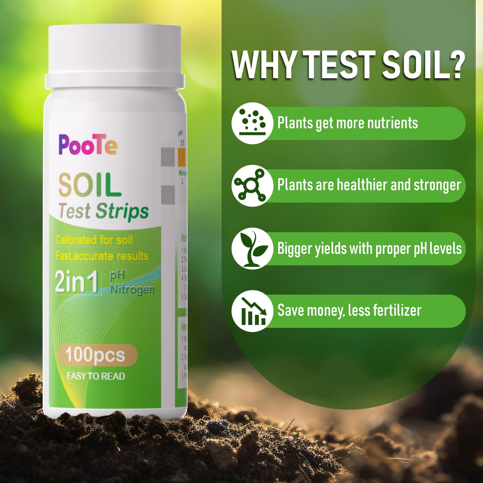 PooTe Soil pH Test Kit - 100 Strips 2-in-1 Soil Testing Kit (3.5-9 Range) with Plastic Tube - Professional Tester Soil Nitrogen & pH for Garden Home Lawn Grass Yard, Green