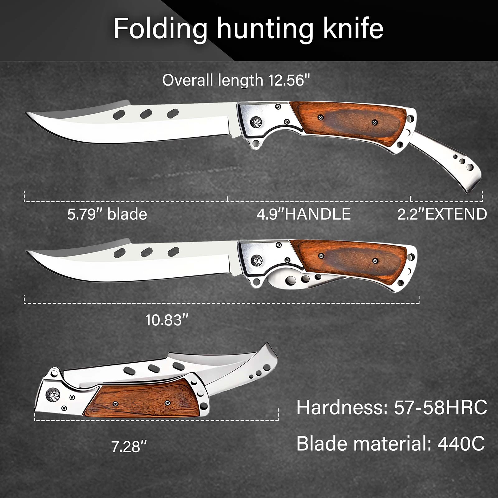 HOLYEDGE 10.5" Folding Tactical Knife with Rosewood Handle - Best EDC Pocket Tactical Outdoor Survival Knife
