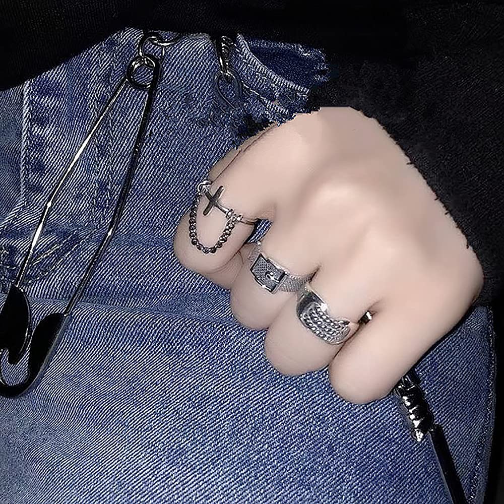 HUJUON 10-17Pcs Gothic Punk Rings Set,Vintage Chain Finger Rings Adjustable Alloy Biker Obsidian Chain Open Rings Knuckle Stackable Midi Ring Joint for Women (10pcs)