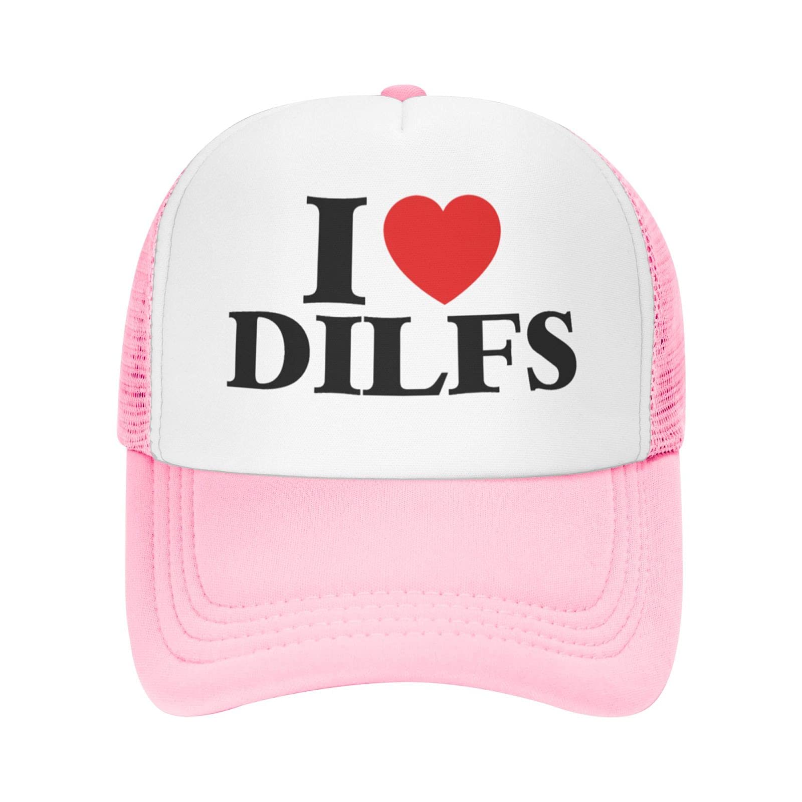 I Love Dilfs Trucker Hat for Men Women Mesh Baseball Cap Adjustable Lightweight Breathable Hat (Pink, OneSize)