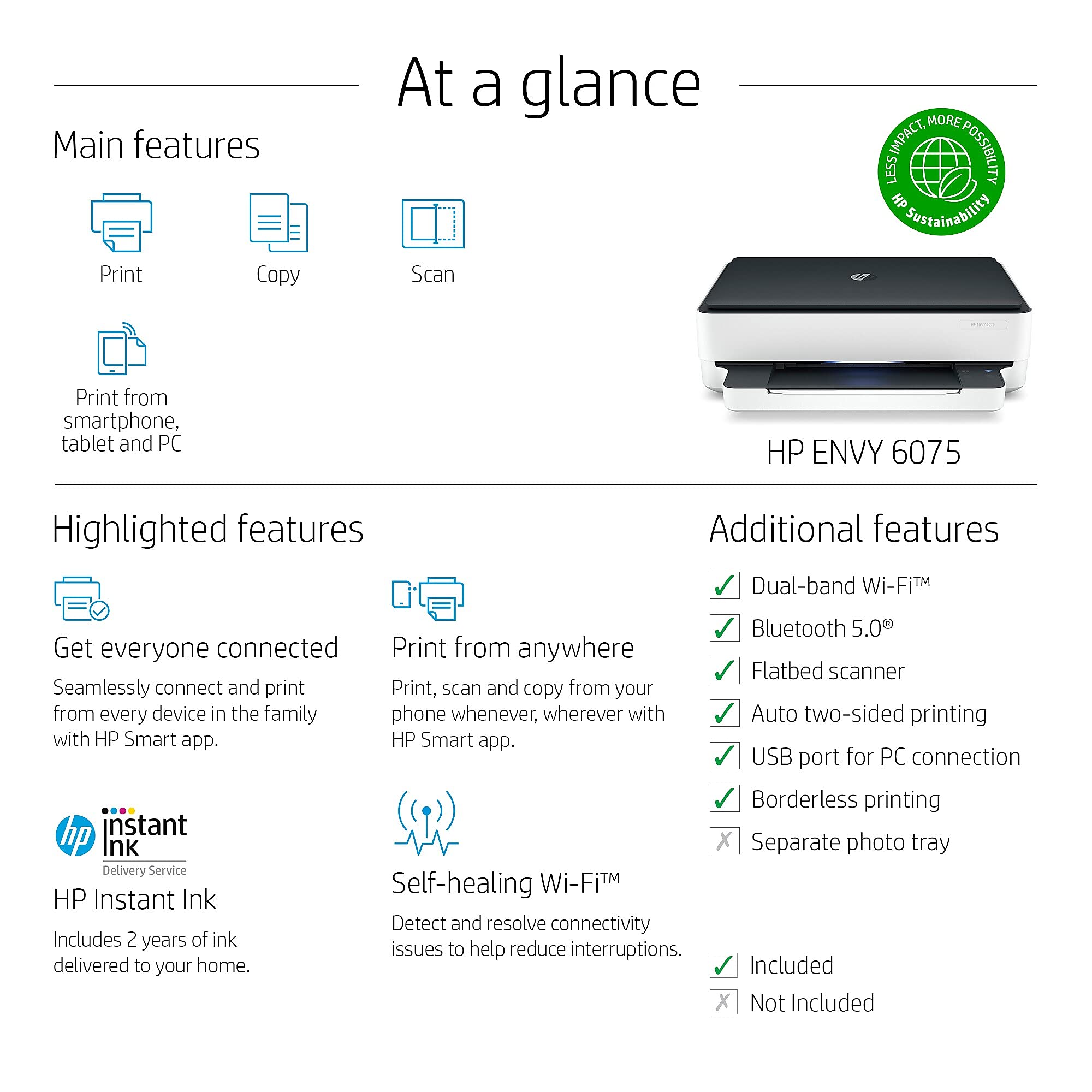 HP Envy Pro 6475 Wireless All-in-One Printer, Includes 2 Years of Ink Delivered, Mobile Print, Scan & Copy, Compatible with Alexa (8QQ86A)