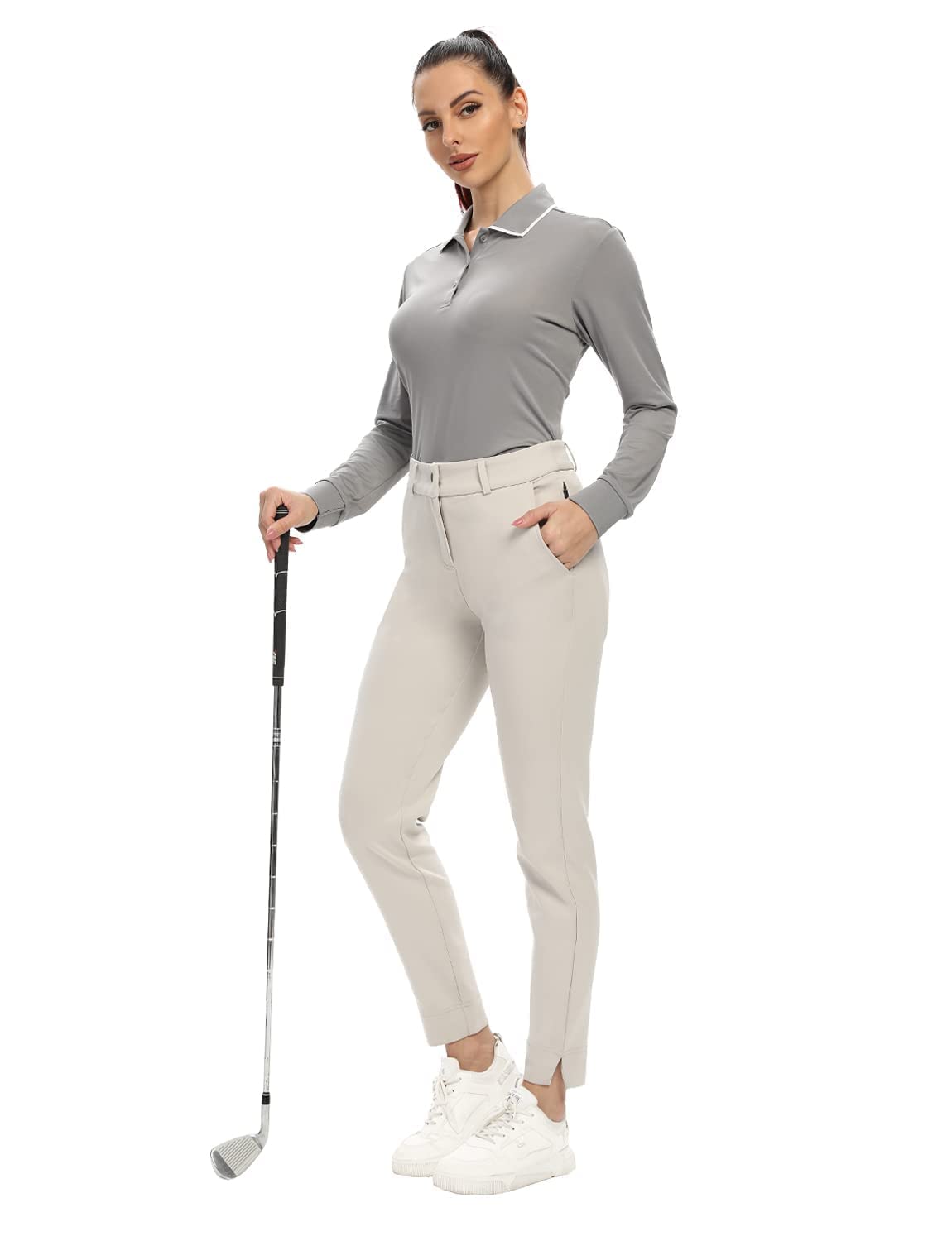 Hiverlay Womens Golf Pants Work Pants Stretch Lightweight Khaki Dress Pants Business Casual with Zipper Pocket White L