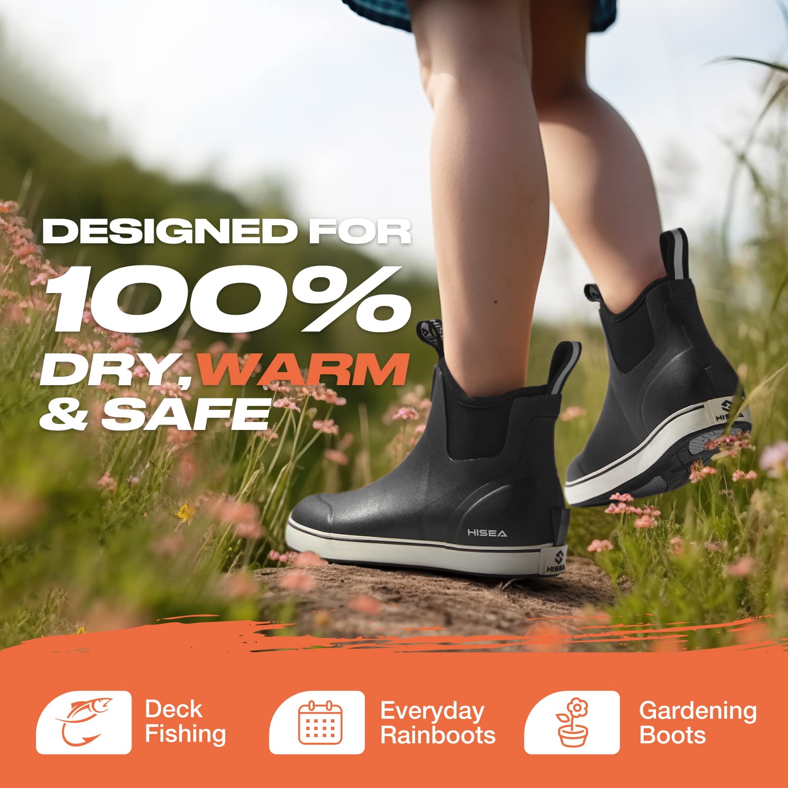 HISEA Women's Ankle Rain Boots, Rubber Fishing Deck Boots, Garden Boots for Women Waterproof, Black Size 8