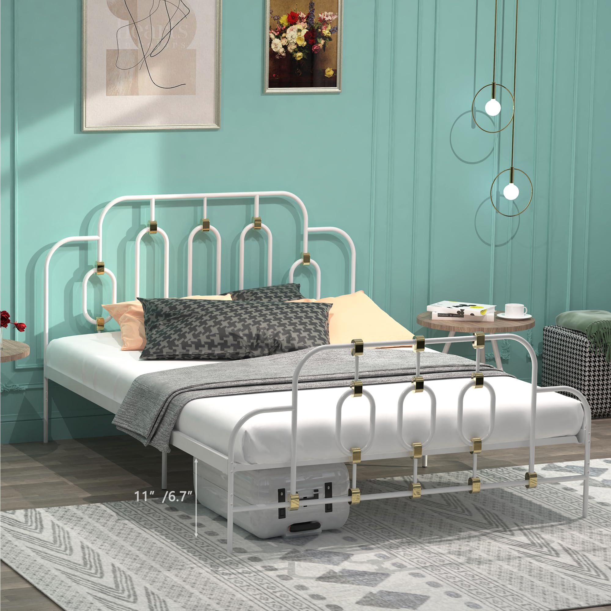 Haplized Ola Metal Bed Frame, Modern Full Size Platform Bed Frame with Storage Space, Black with Gold Detail, No Box Spring Needed, Perfect for Dorm, Bedroom, Guest Room (White)