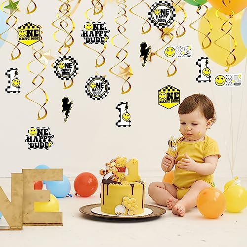 Tenceur 30 Pack One Happy Dude Hanging Swirl 1st Birthday Party Decorations Smile Face Hanging Swirl Decor Foil Ceiling Streamers Groovy One Happy Dude Birthday Party Supplies for Boys Girls