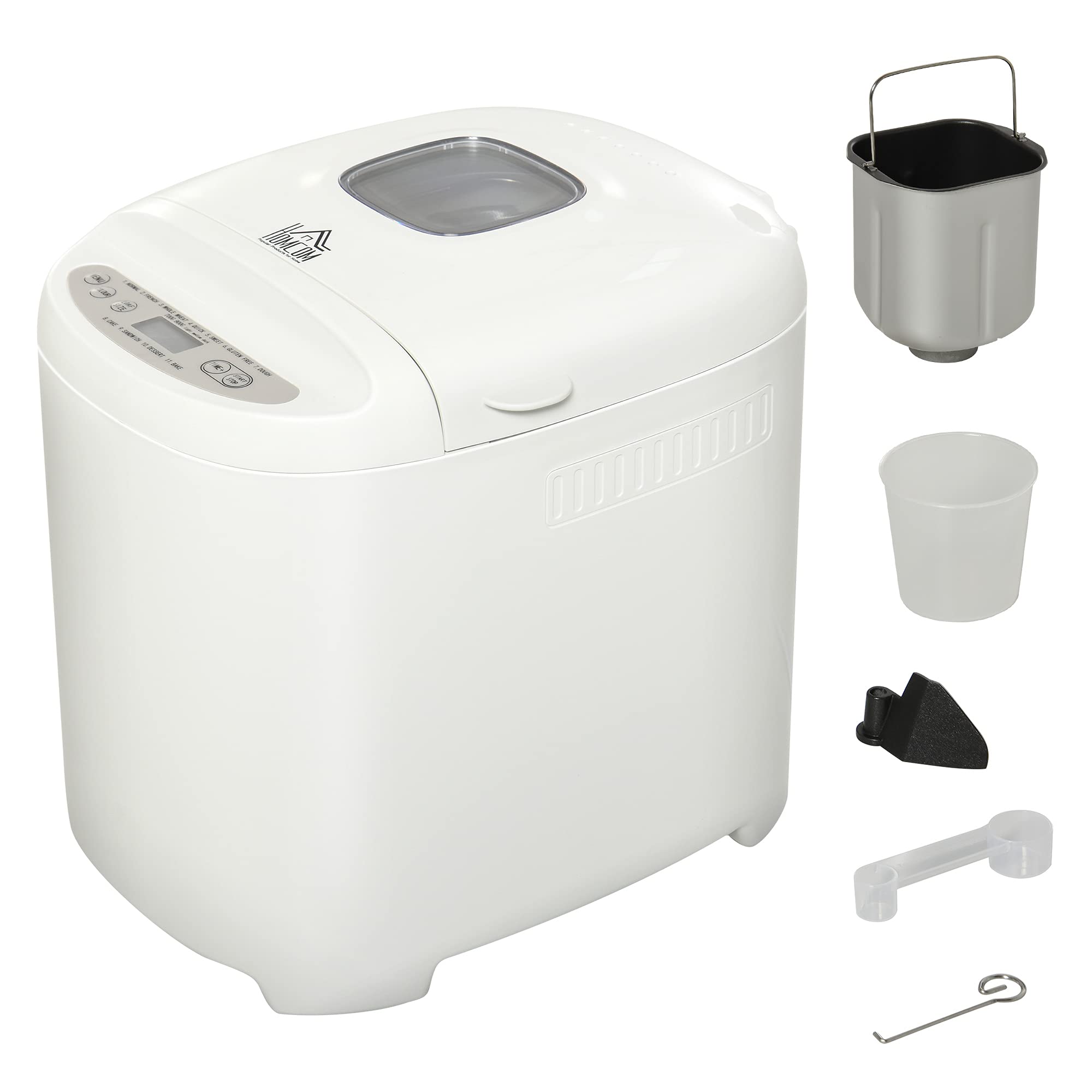 HOMCOM 2Lb Bread Maker, Non-Stick Bread Machine with Gluten Free Setting, 11 Menu, 2 Loaf Sizes, 3 Crust Colors, 13h Delay Timer, 1h Warming Function, 500W