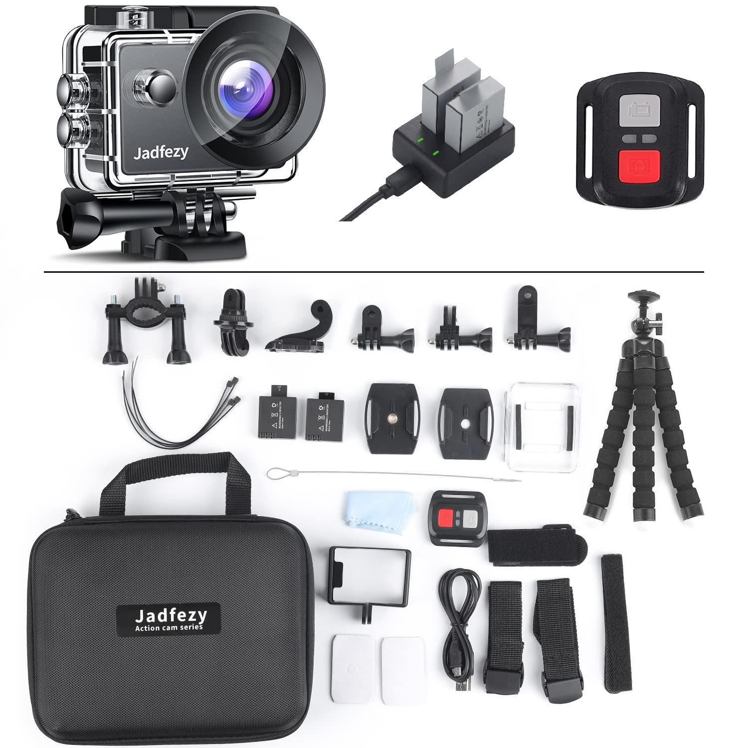 Jadfezy Action Camera 4K 60FPS with EIS Anti-Shake, WiFi and Remote Control, 24 MP Sports Cam with Zoom 8X, 98FT Underwater Camera Equipped with 2 Batteries and 25 Mounting Accessories (4K)
