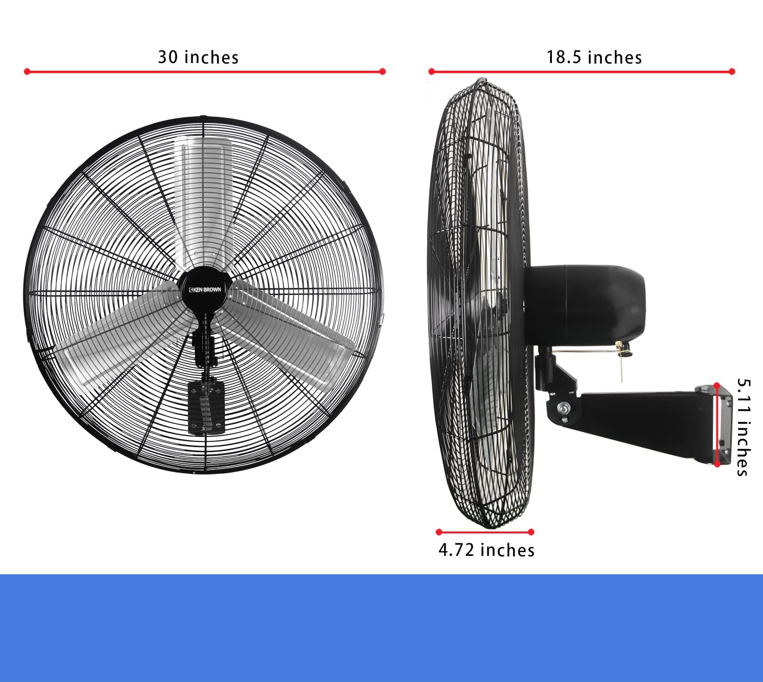 KEN BROWN 30 Inch Industrial Oscillating Wall Mount Fan 9500CFM,Heavy Duty Metal,High Velocity,2 Speed,Black