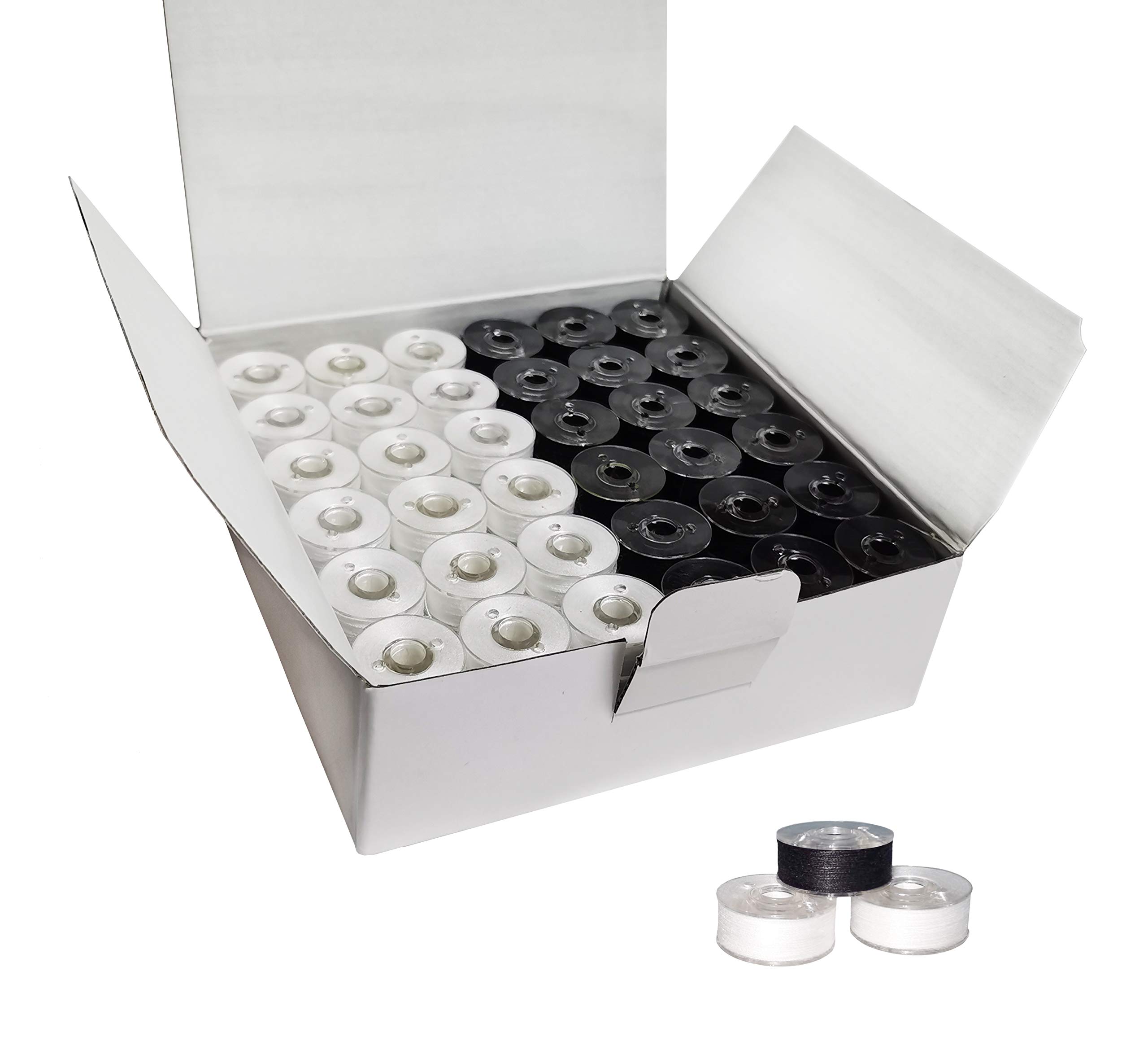 HimaPro 144 Prewound Bobbins for Embroidery Machines Size L (SA155) Good for Brother, Babylock, Janome, Bernina, Husqvarna, Pfaff Embroidery Machines Etc (Plastic Sided Black & White) - 50 Weight