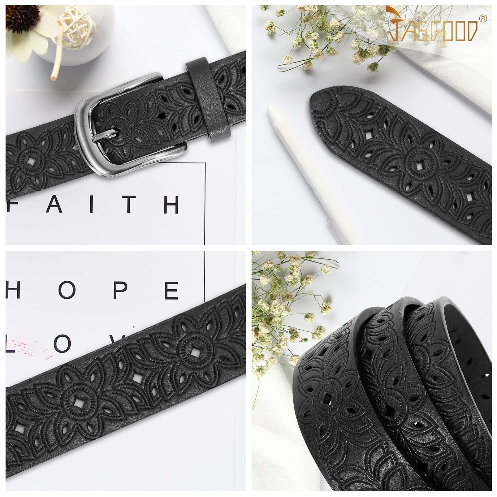 JASGOOD Hollow Leather Belt for Women, Wide Leather Belt for Jeans Pants with Pin Buckle