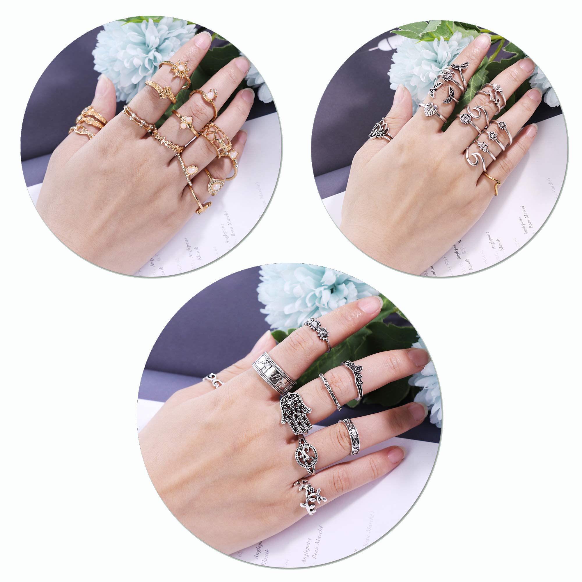 JOERICA 71PCS Rings for Women Knuckle Rings Set Stackable Rings Bohemian Vintage Midi Joint Nail Finger Hollow Carved Flower Rings Set