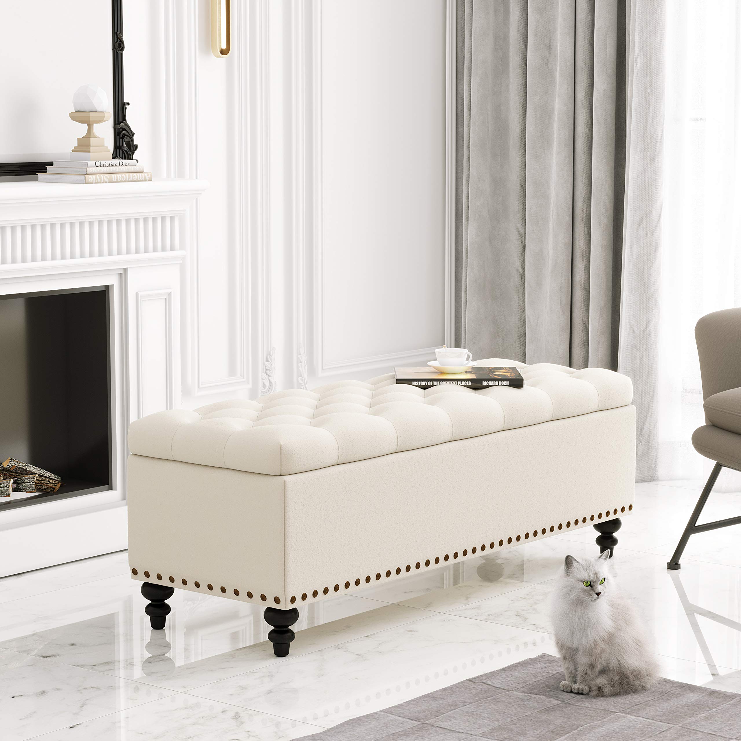 HUIMO Ottoman with Storage, 51-inch Storage Ottoman Bench with Button-Tufted, Bedroom Bench Safety Hinge Ottoman in Upholstered Fabrics, Large Storage Bench for Bedroom, Living Room (Ivory-Rivet)