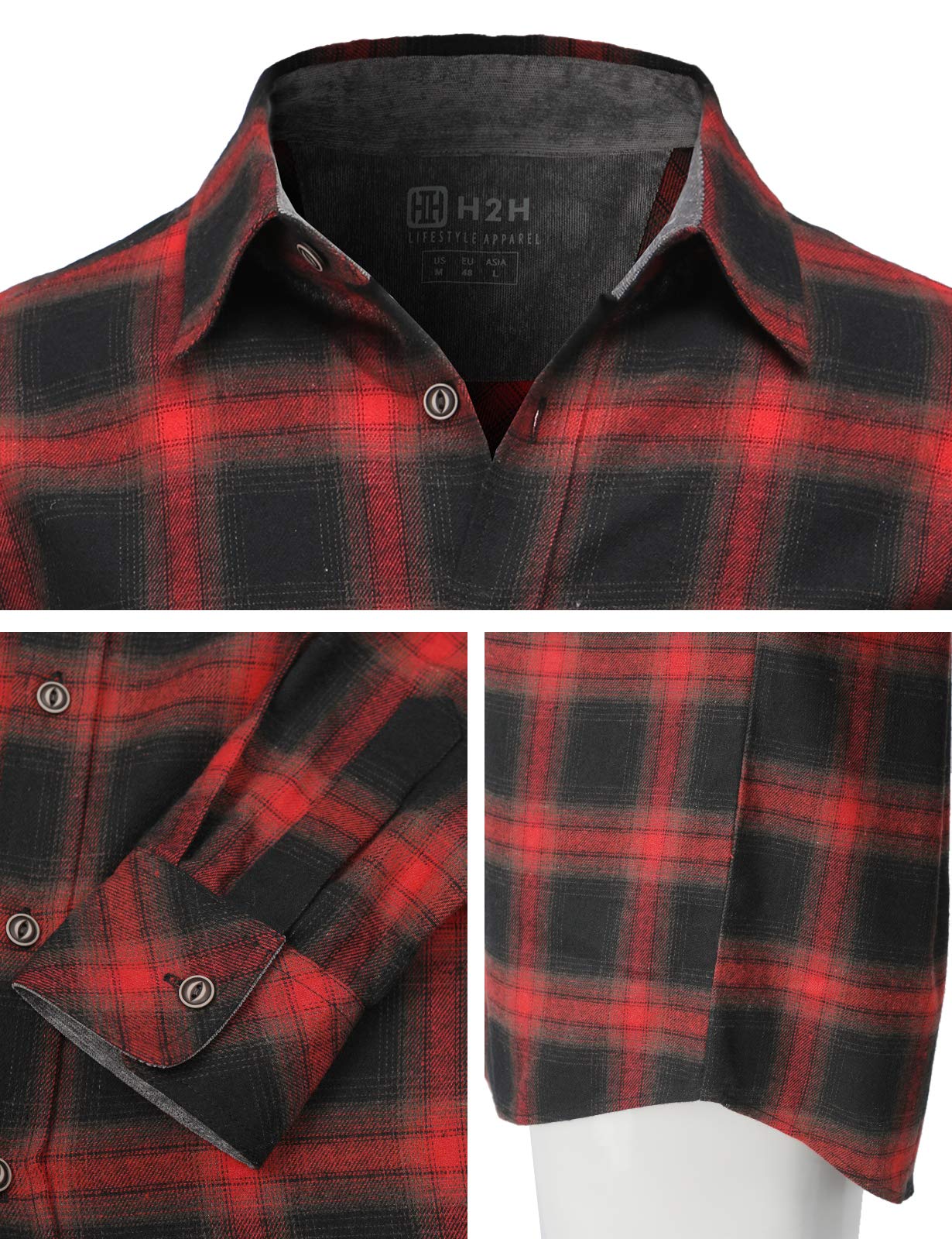 H2H Mens Casual Slim Fit Check Patterned Shirts Long Sleeve REDBLACK US S/ASIA M (CMTSTL144)